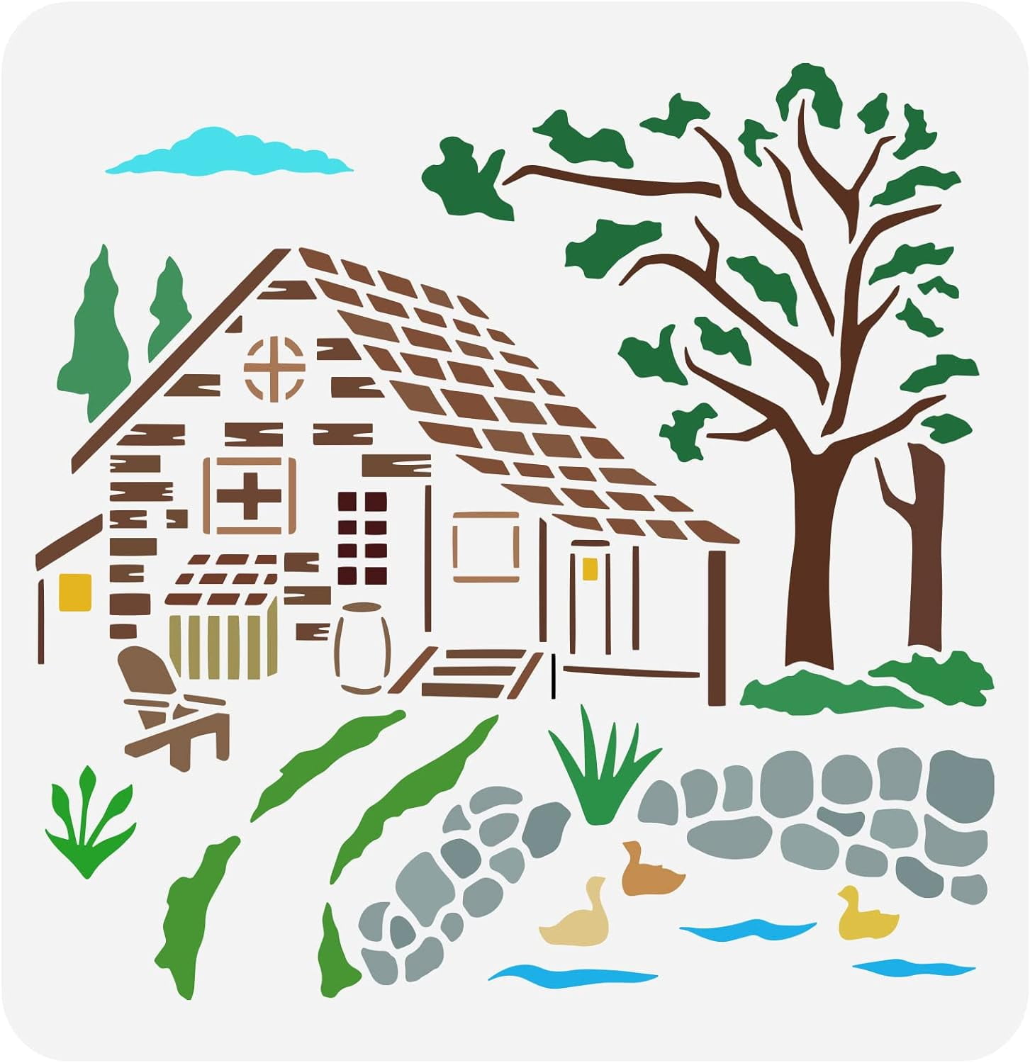 Duck Pond Scenery Stencil 11.8x11.8inch Reusable House Tree Pond ...