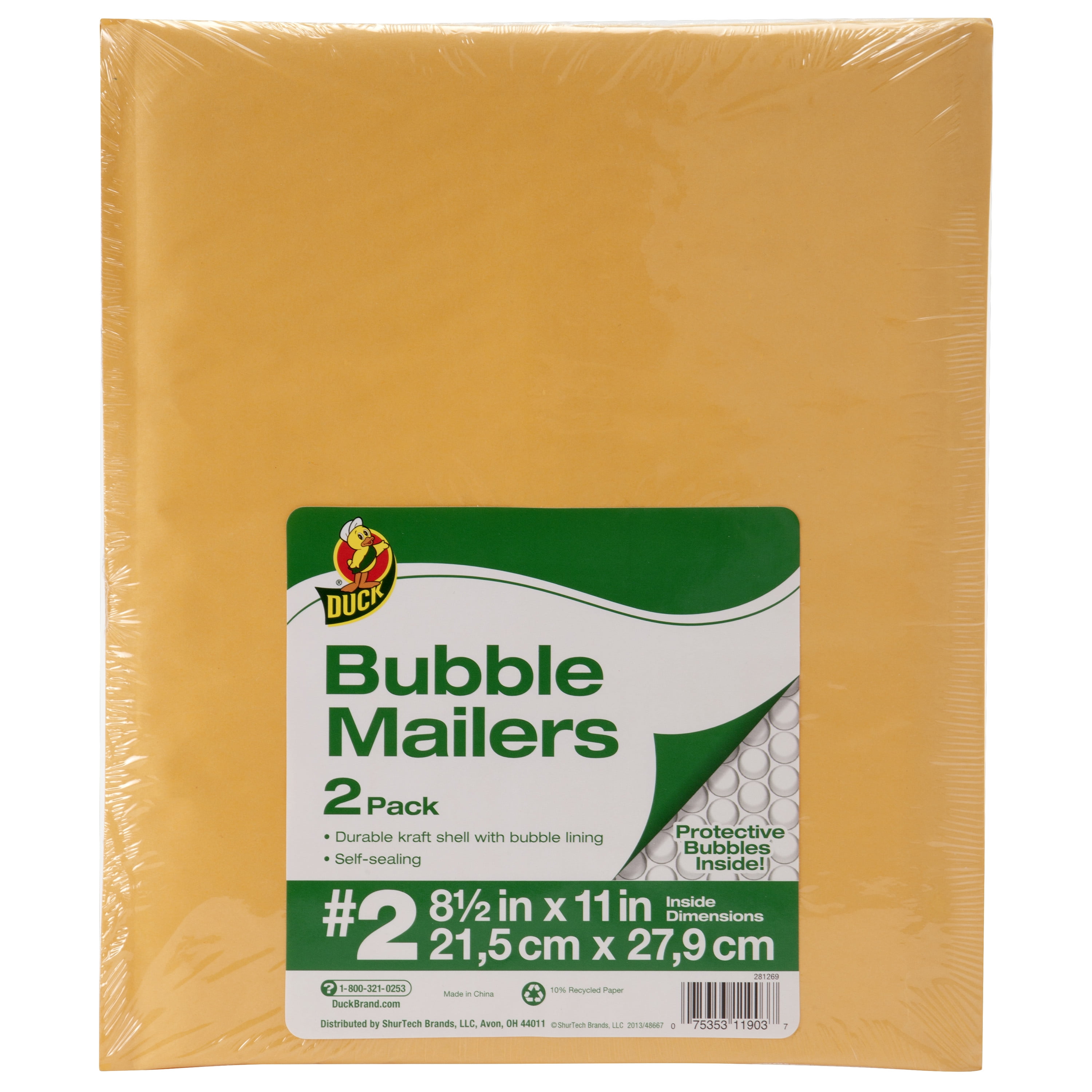 Duck Self-Seal Kraft Bubble Mailer #2, 8.5" x 11", Solid Print, 2 Pack ...