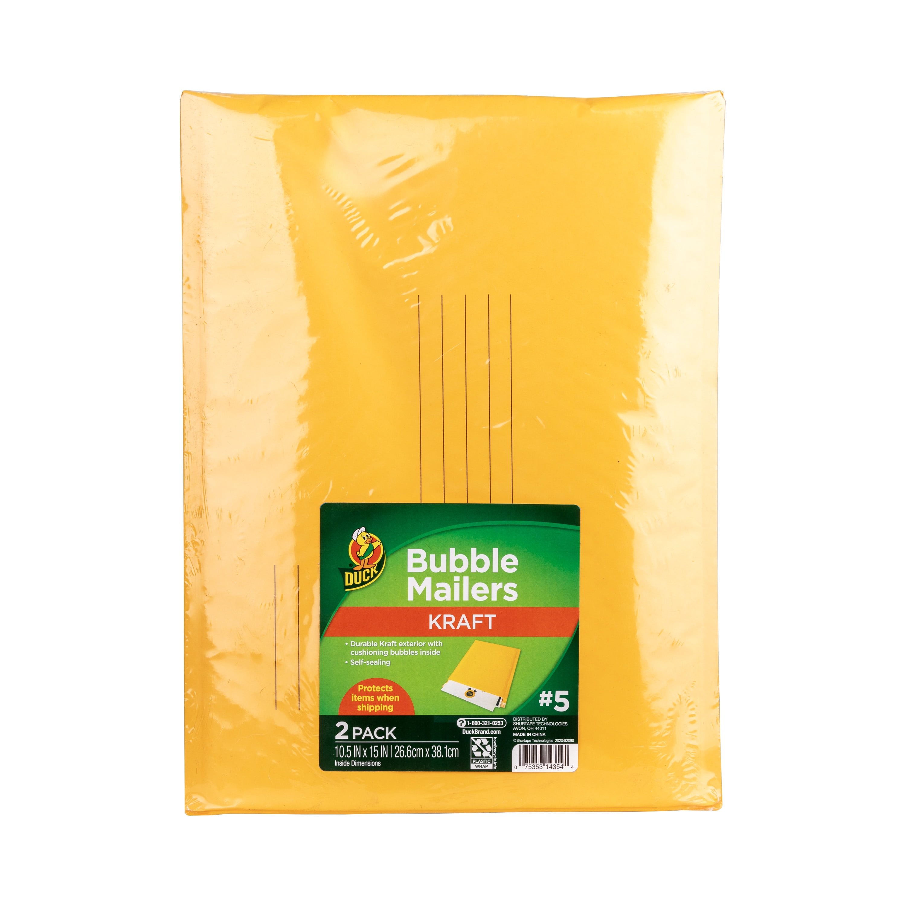 Duck Self-Adhesive Kraft Bubble Mailer #5, 10.5" x 15", Solid Print, 2 ...