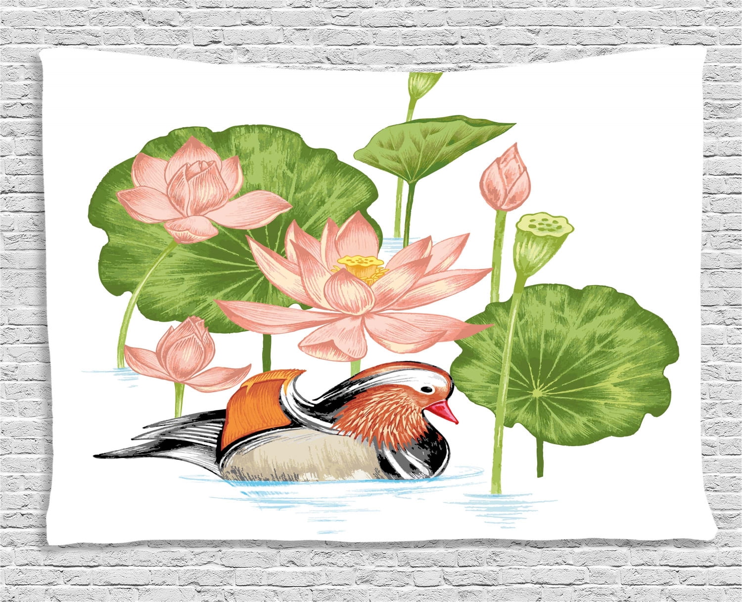 Duck Tapestry, Baby Mandarin Duckling in Pond with Lotus Lily Flowers ...