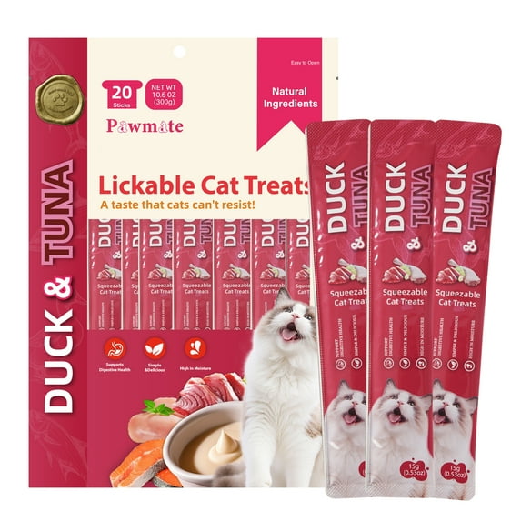 Pawmate Duck & Tuna Lickable Cat Treats, 20 Sticks, Grain-Free Creamy ...