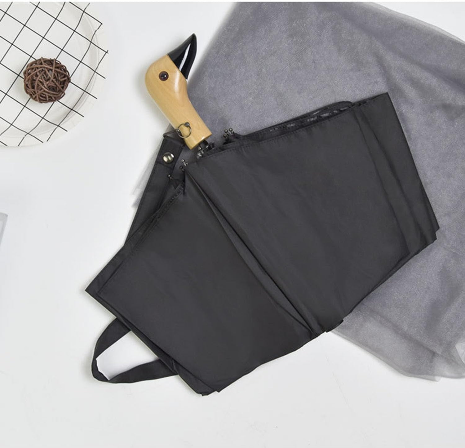 Duck Umbrella Cartoon Folding Umbrella Wooden Handle Compact Umbrella ...