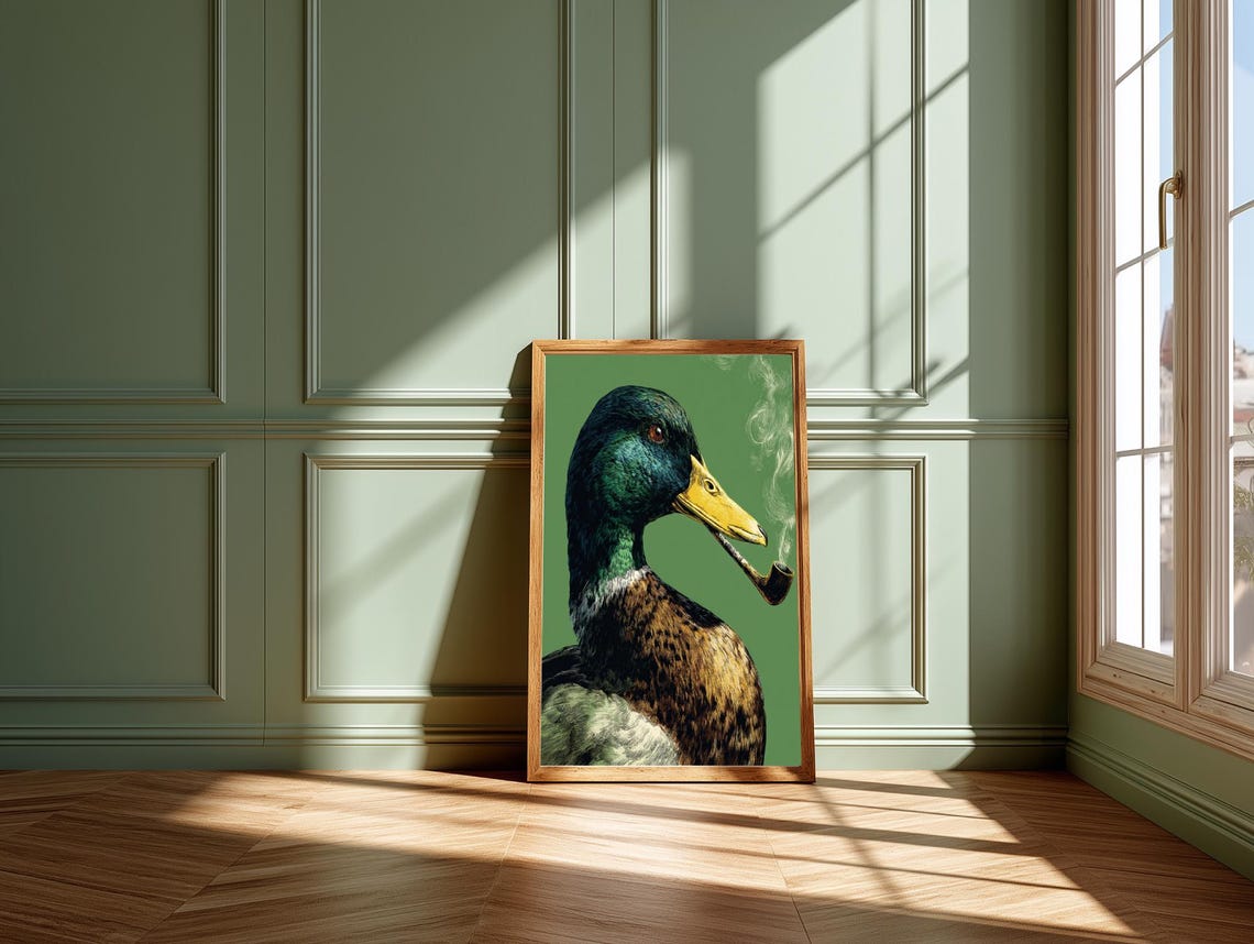 Duck Wall Art, Vintage Pipe Smoking Duck Print, Retro Green Style ...