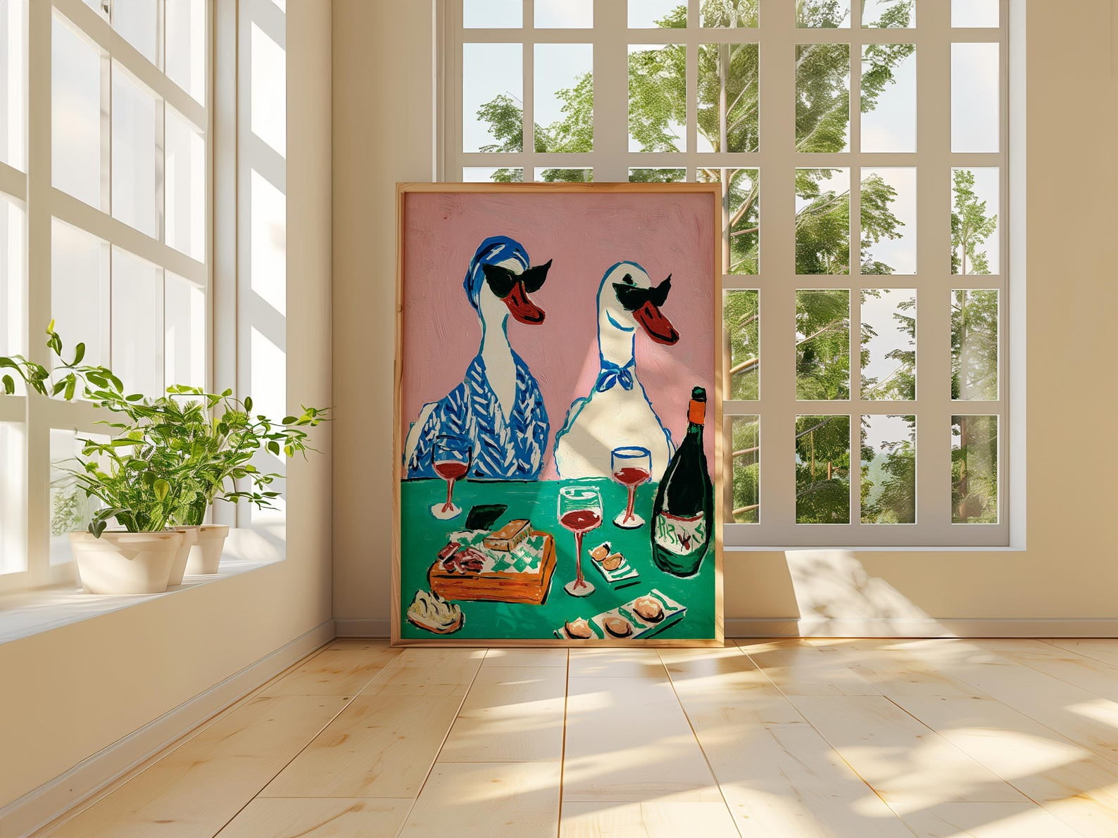 Duck Wine Party Art Print, Quirky Animal Poster, Retro Wall Art with ...