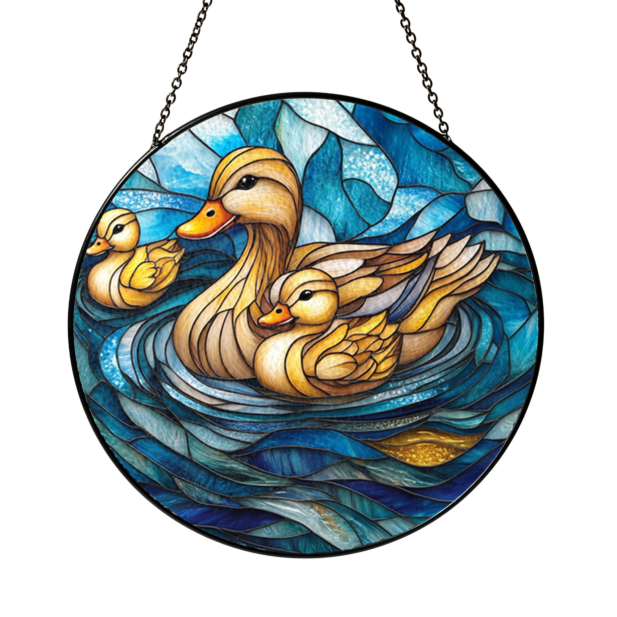 Duck and Ducklings Stained Glass Suncatcher, Round Pond Window Hanging ...