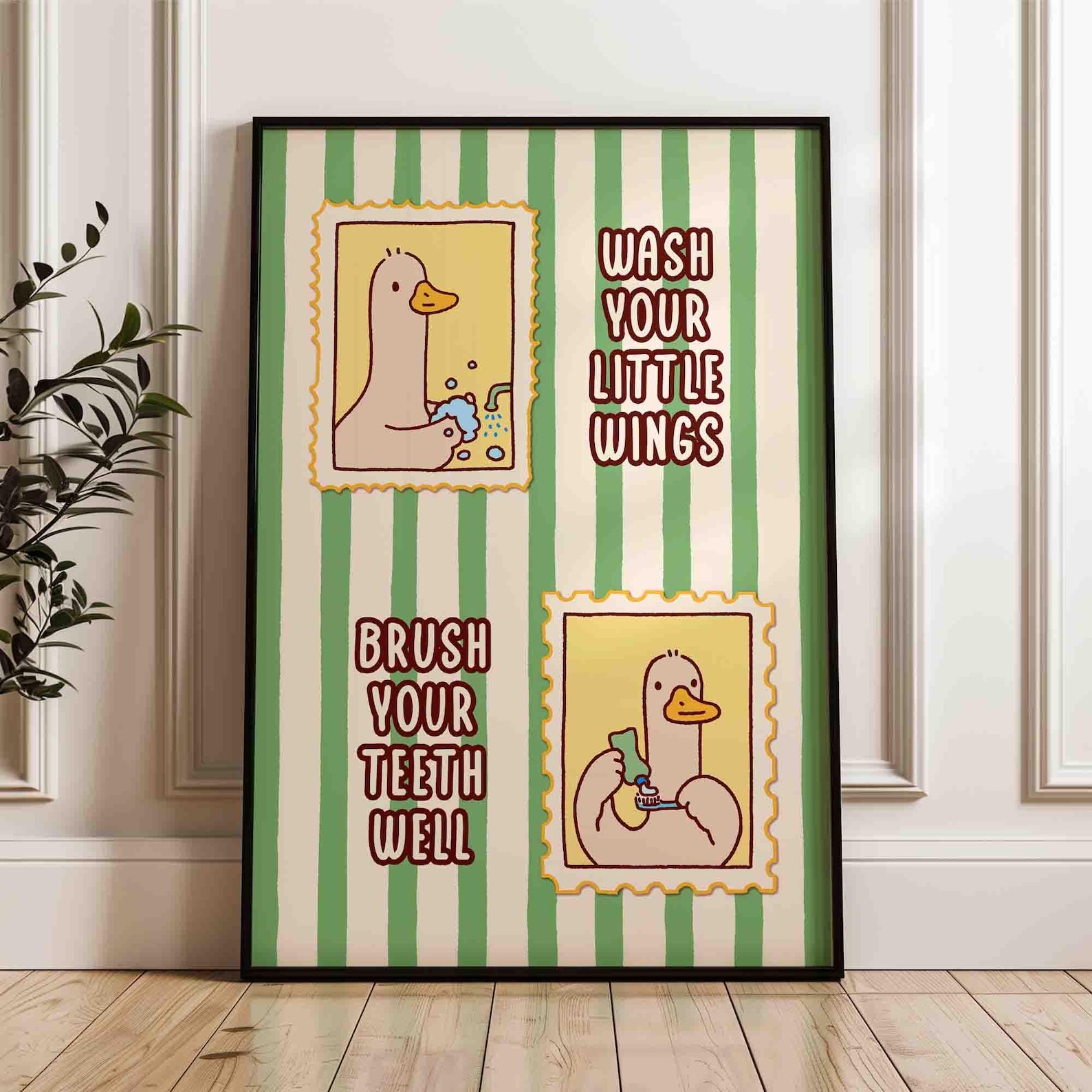Duck bathroom poster, wash your hands, brush your teeth, cute quirky ...