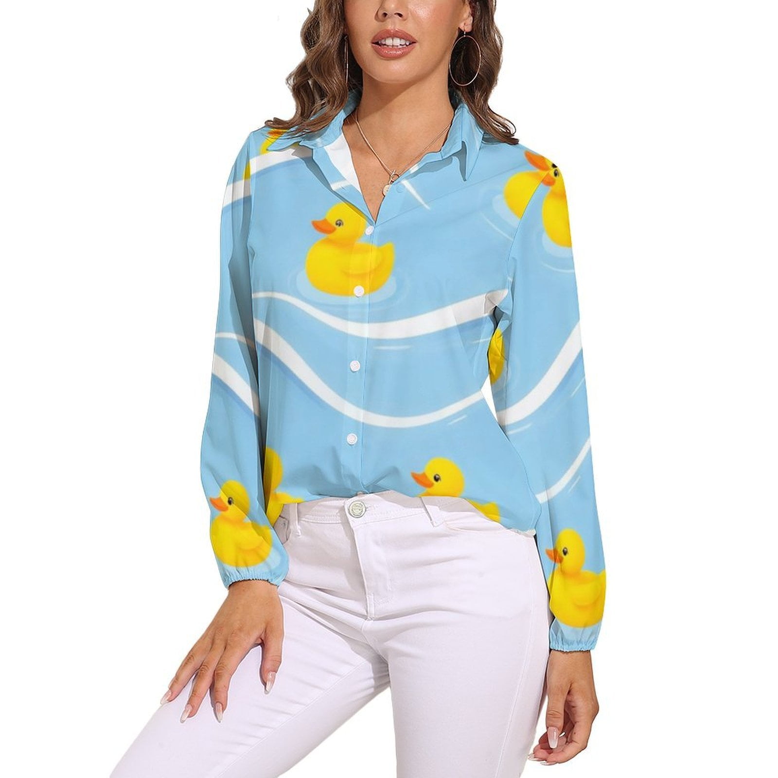 Duck in A Row (2)-1 Vntage Casual Long Sleeve Shirt Blouse Woman ...