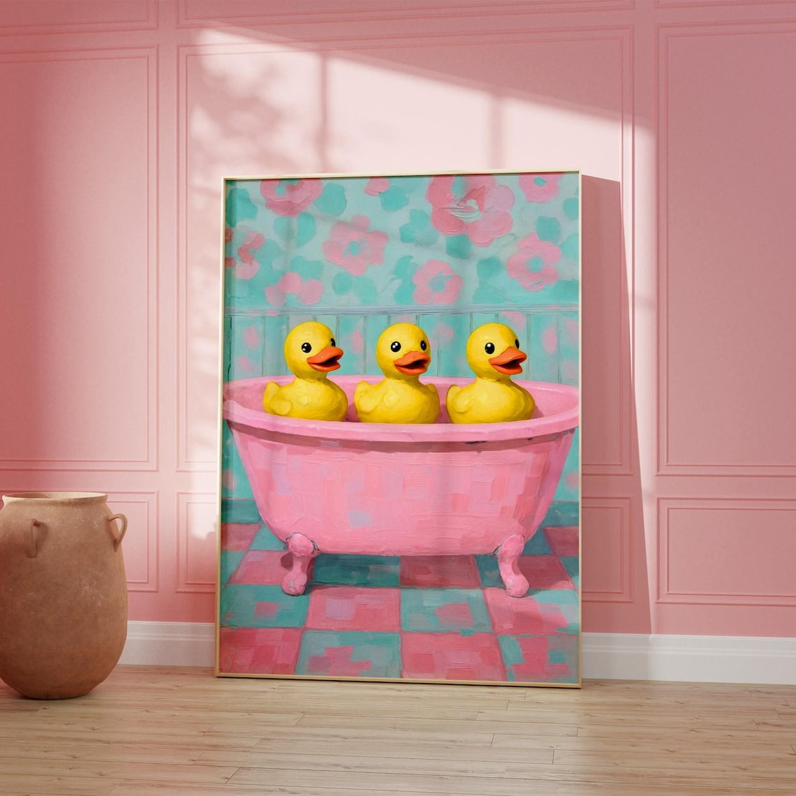 Duck in Bathtub Pink Bathroom Wall Art, Unframed Paper Print Size 16x24 ...
