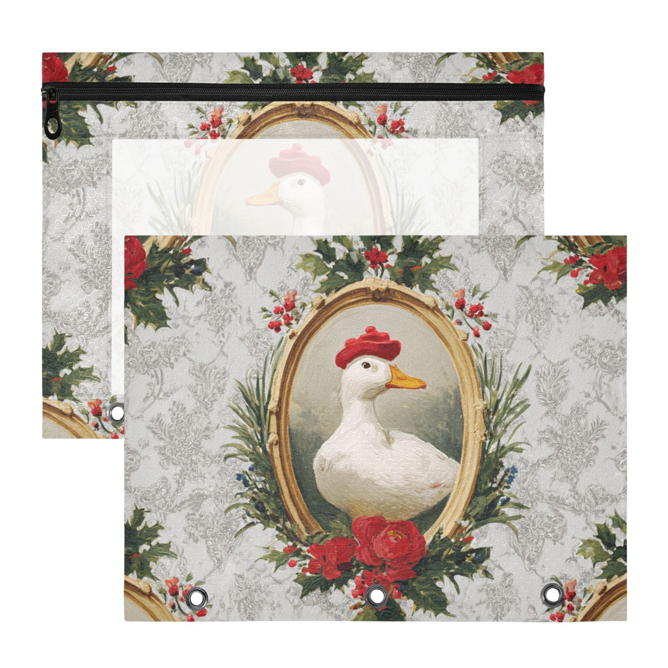 Duck with Red Hat Vintage Painting 3-Ring Binder Pocket with Zipper ...
