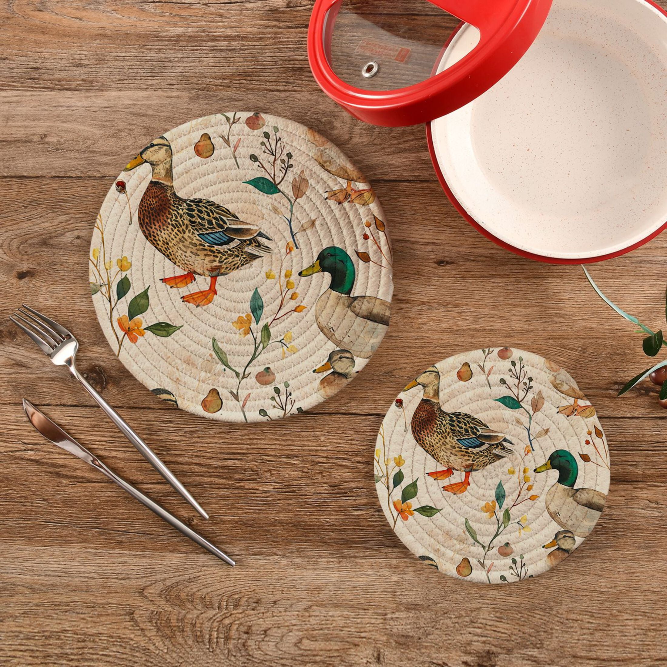 Ducks Leaves Trivet Mats Set Cotton Woven Non-Slip Pot Holders Heat ...