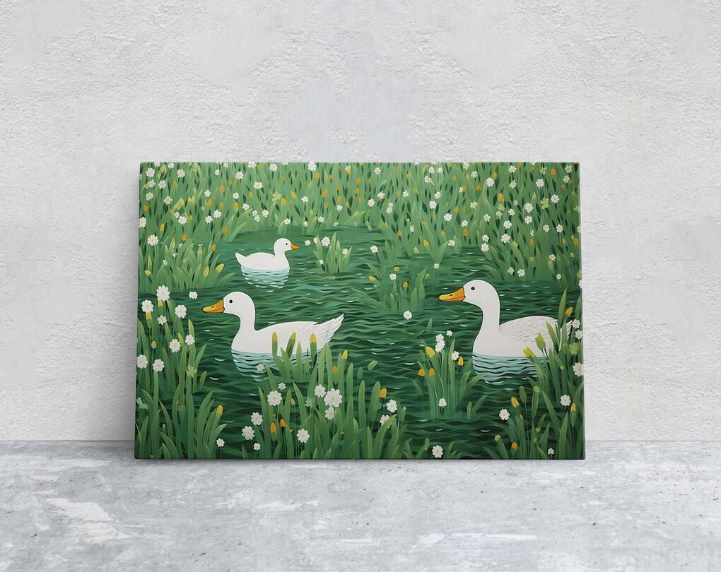 Ducks On Pond, Green Pond, Simple Minimal, Framed , Green And White ...