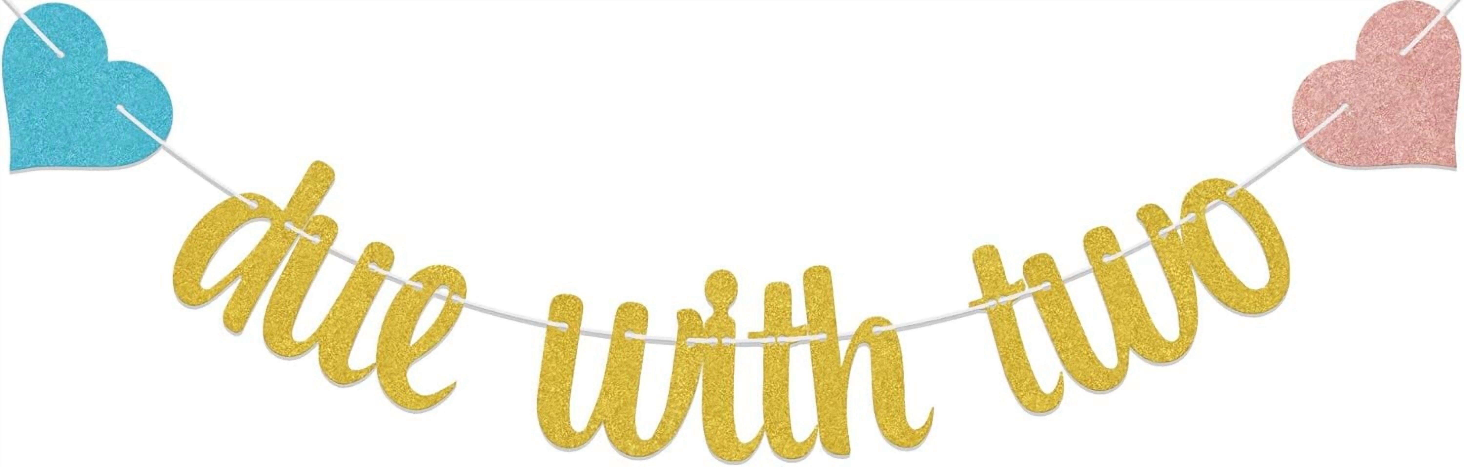 Due With Two Gold Blue Pink Glitter Heart Banner Twin Baby Shower ...