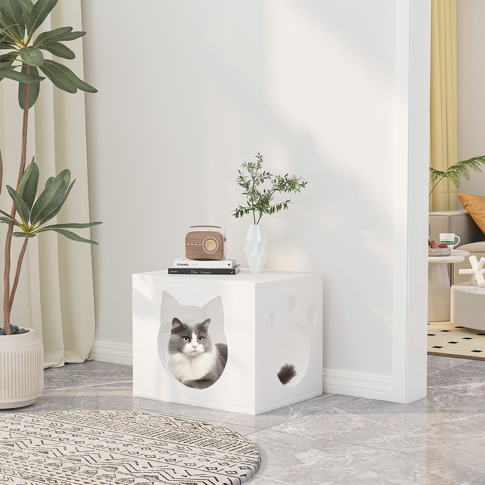 Dueatib Cat Litter Box Enclosure,White Litter Box Furniture Hidden Cat ...