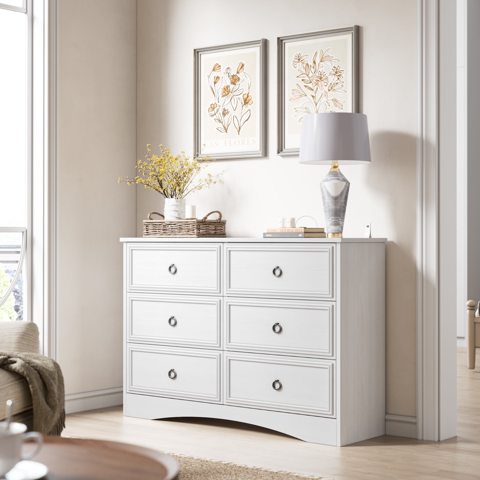 Duerer 6 Drawer White Double Dresser, Wood Horizontal Cabinet Dresser ...