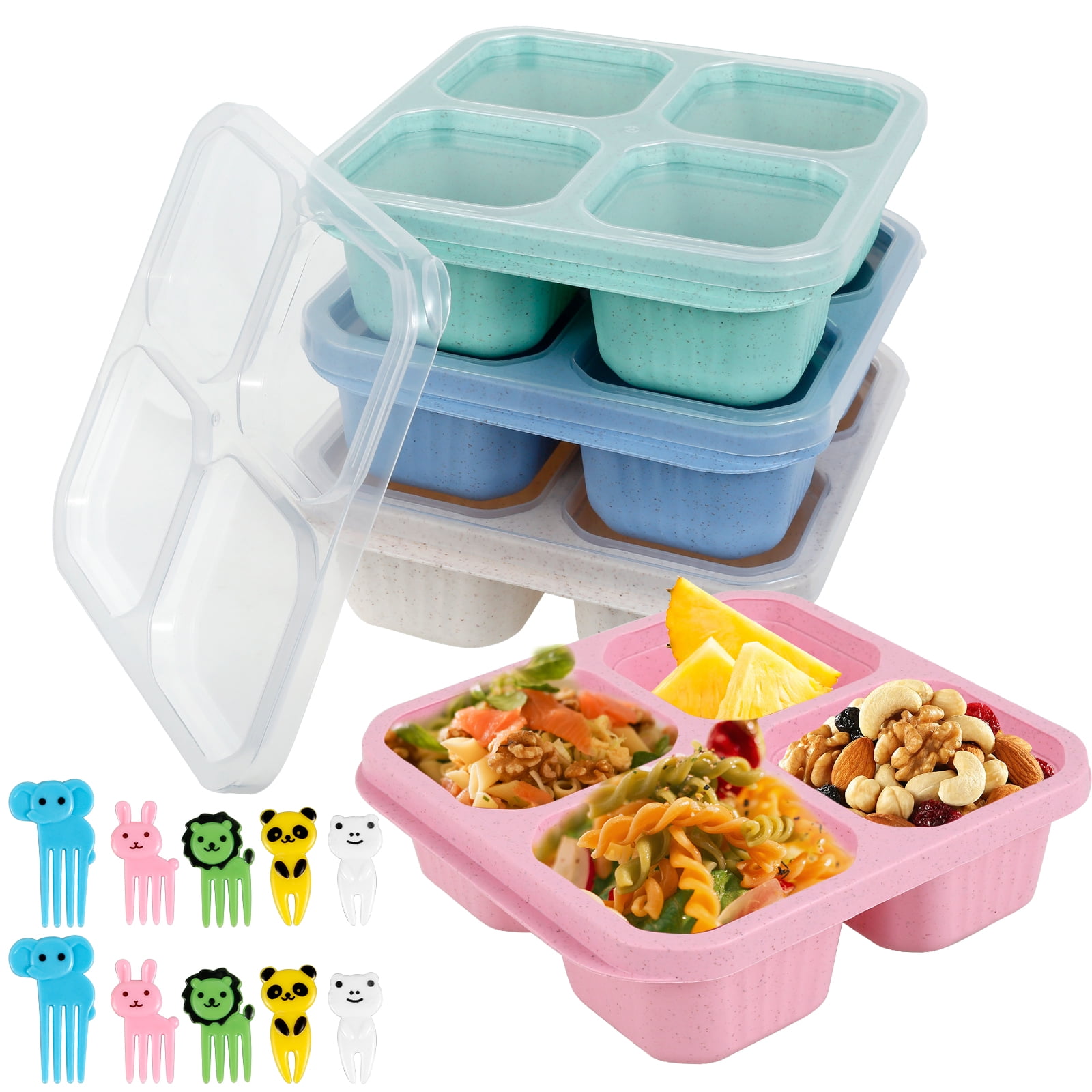 Duety 4 Pack Snack Containers with Clear Lids 4 Compartment Bento Lunch ...