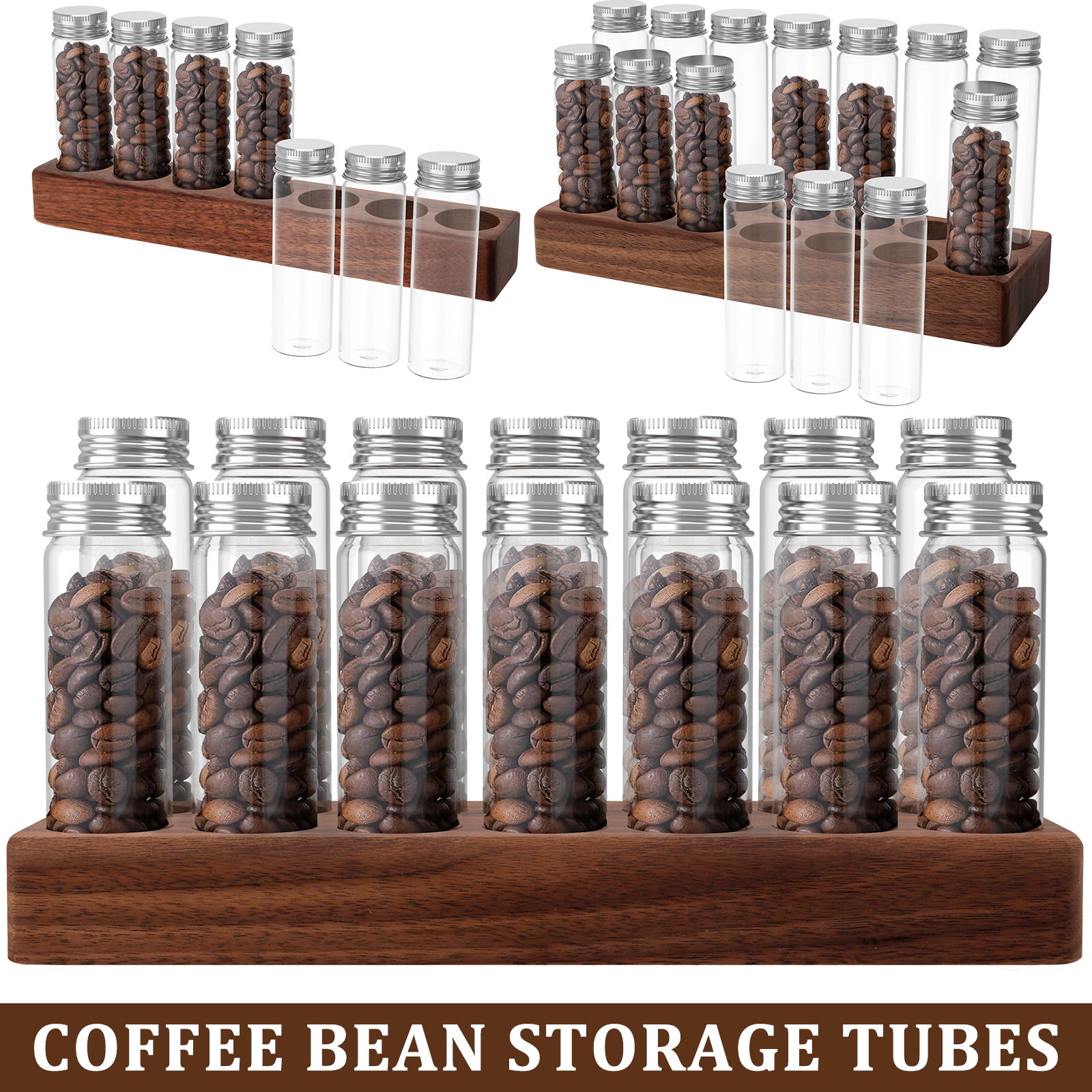 Duety Coffee Bean Storage Tubes with Walnut Wood Display Stand Portable ...