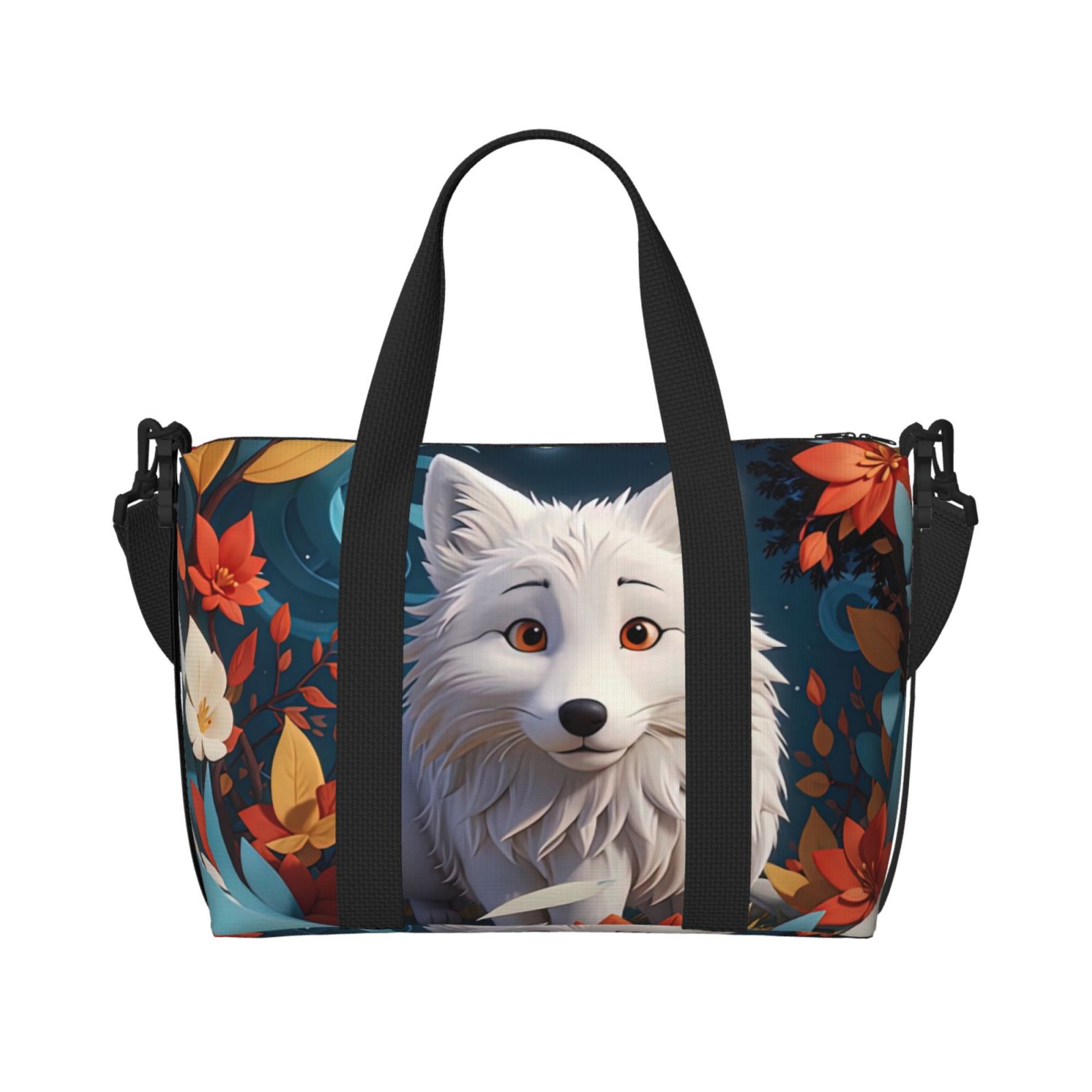 Duffle Bag for Travel Essentials - White Wolf with Flowers Duffel Bag ...