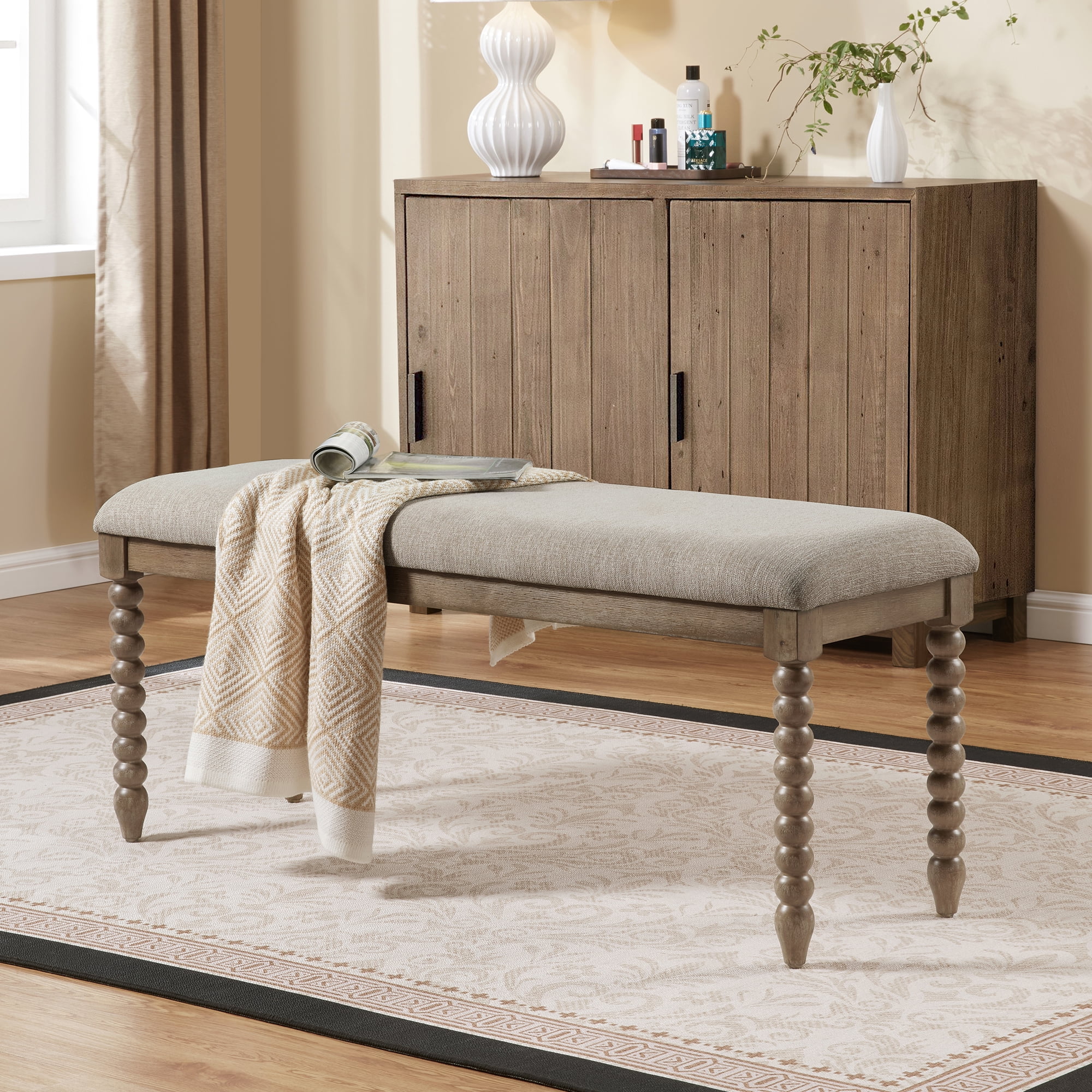 Duhome Classic Spindle-Leg Upholstered Bench with Fabric Seat,Cherry ...