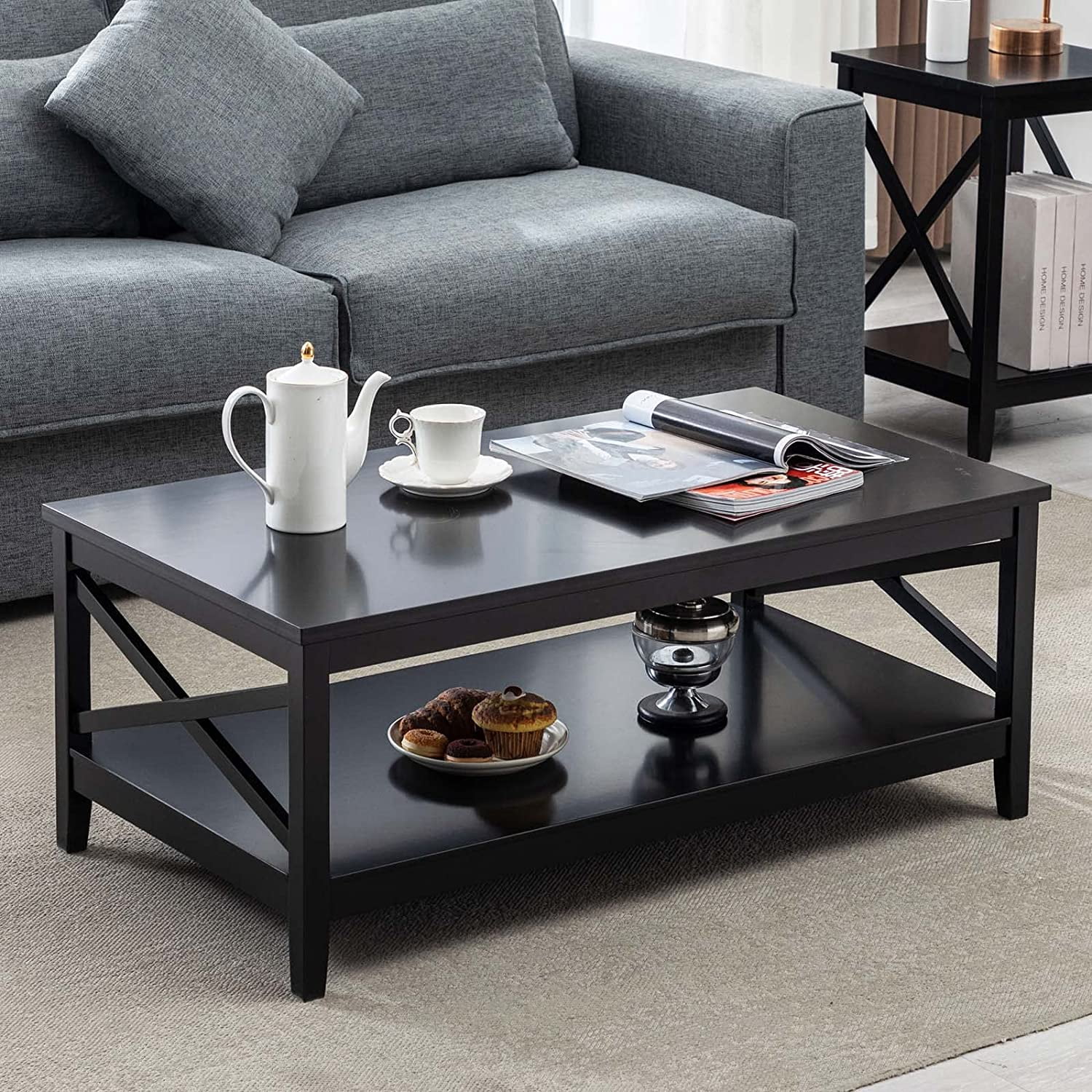 Duhome Modern Rectangle Coffee Table with Storage, Solid Wood, Black ...