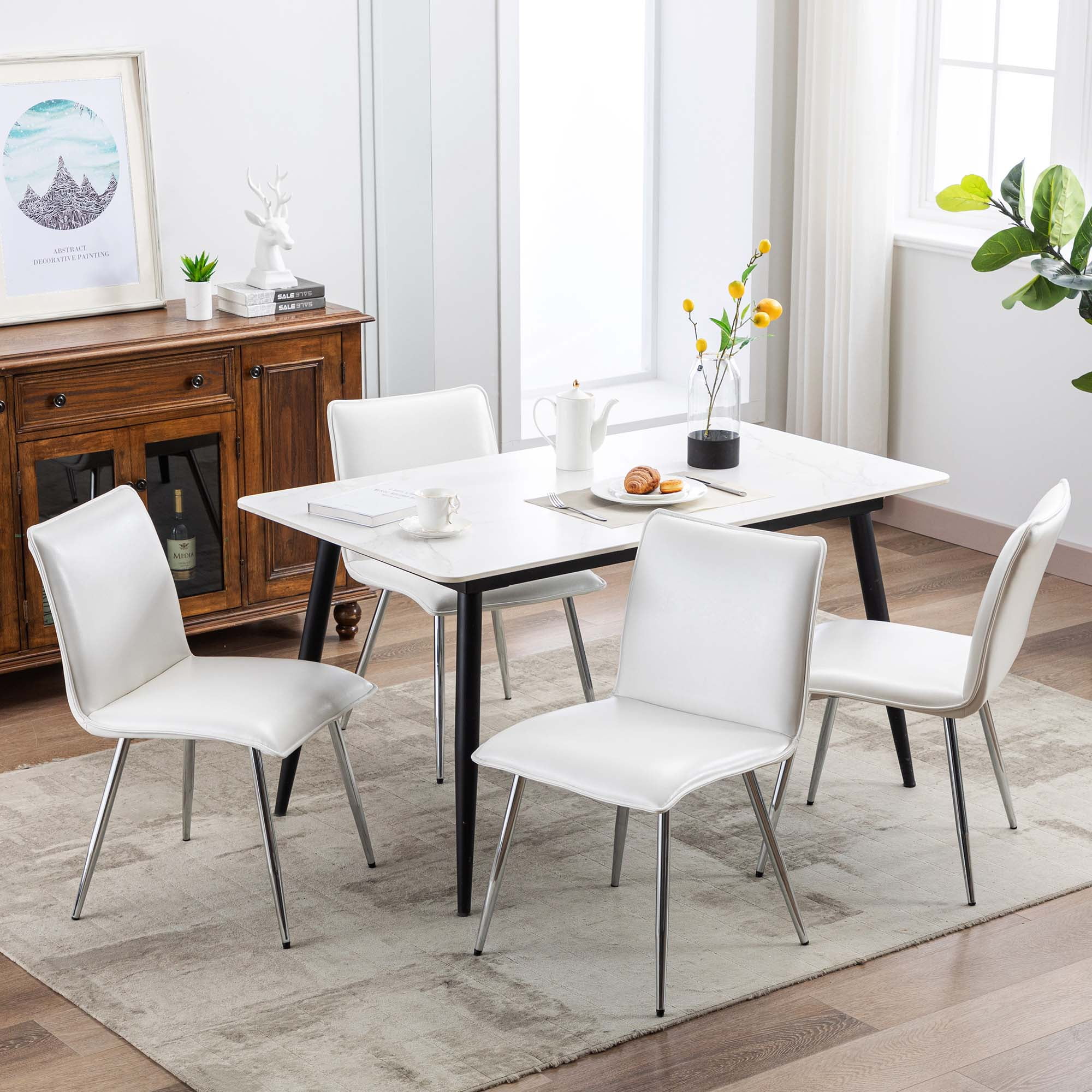 Set of Four Duhome Modern White Dining Chairs - Faux Leather Upholstery ...