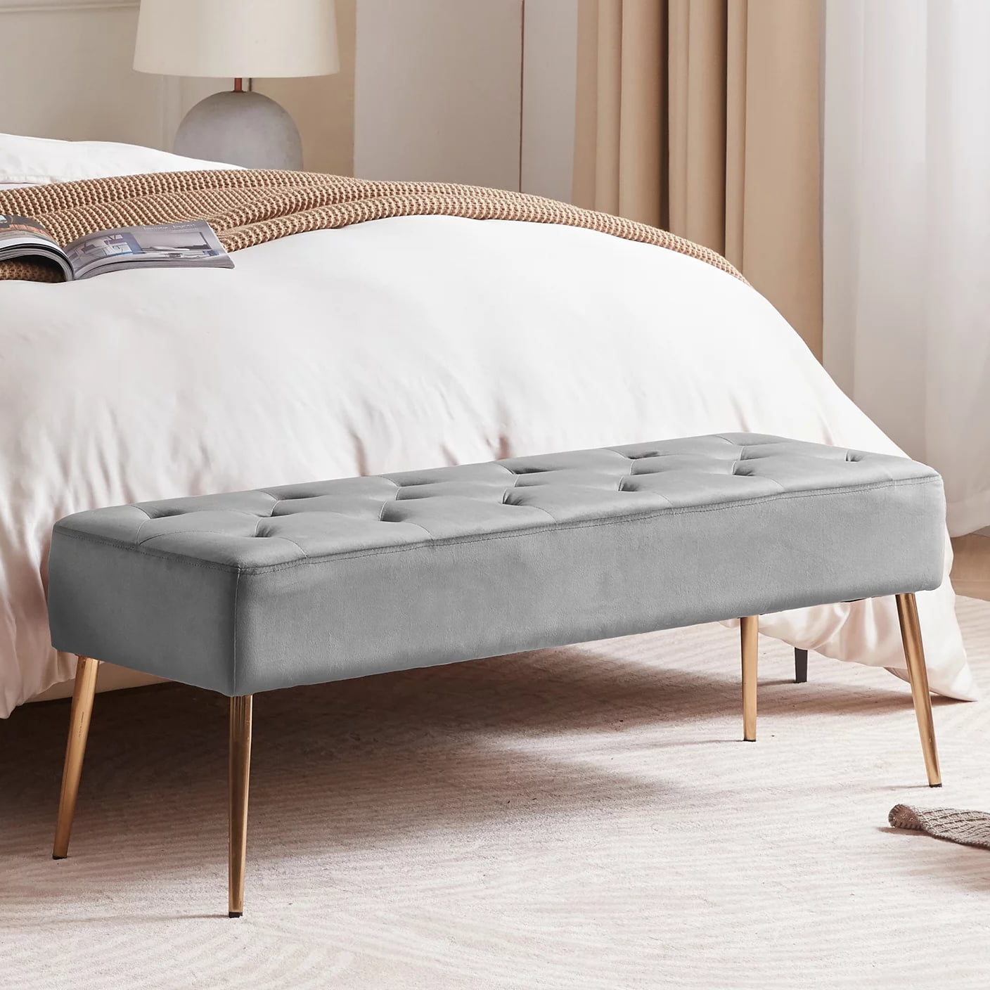 Duhome Velvet Ottoman Bench Upholstered Footrest Gold Metal Base