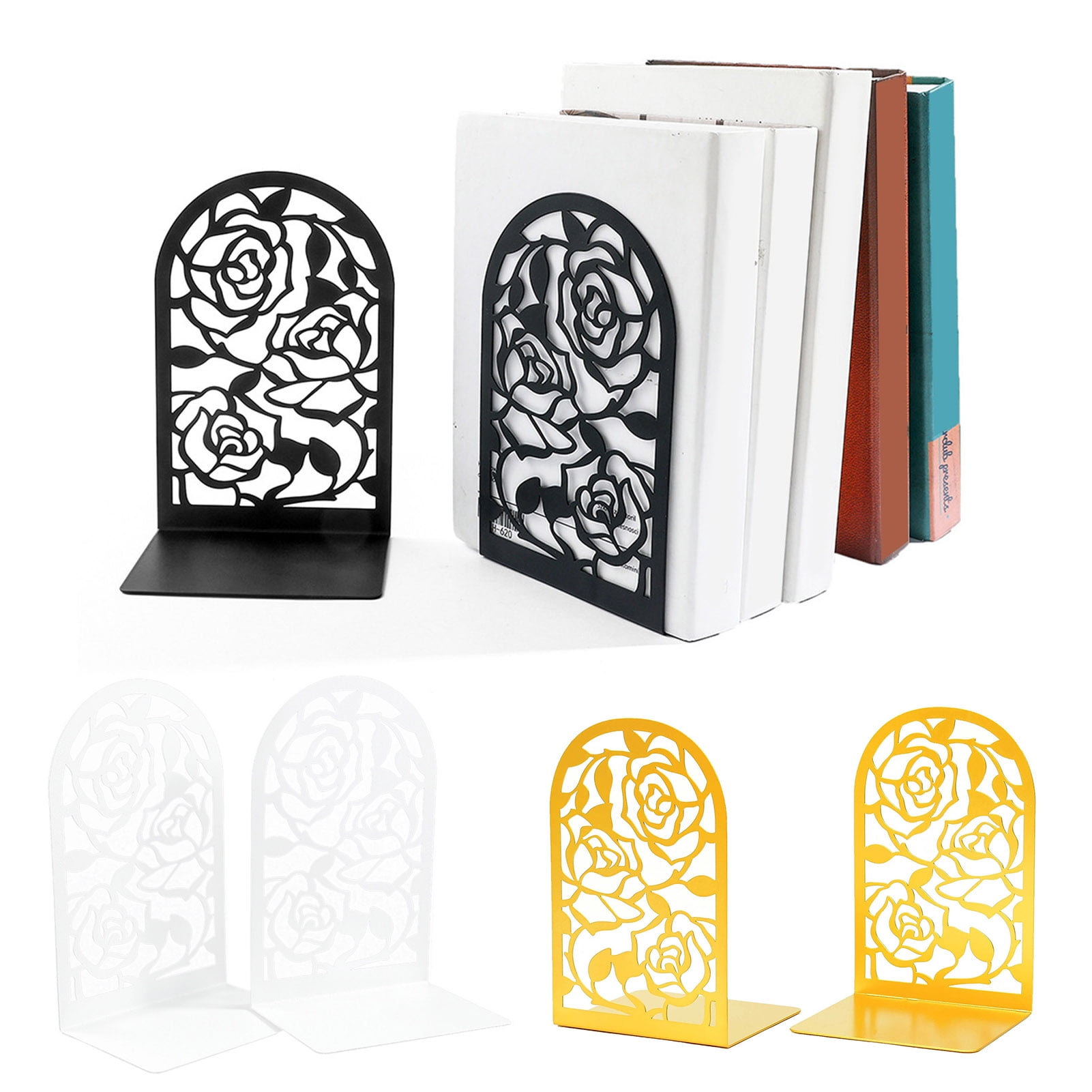 Dujiujun 1/3 Pairs Metal Bookends Hollow Rose Flower Design Bookends ...