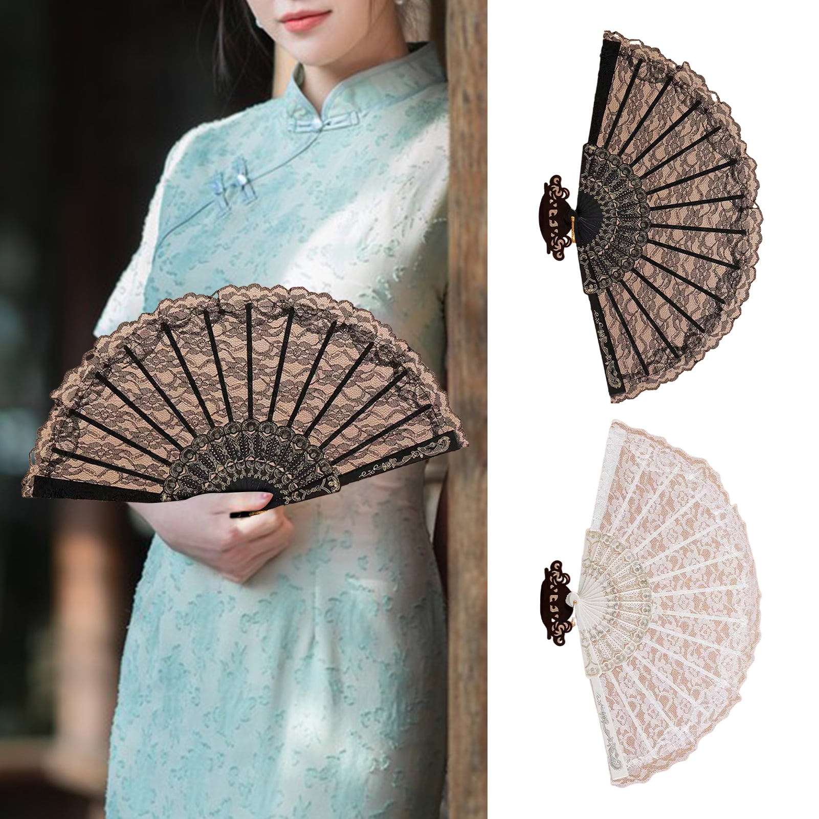 Dujiujun Folding Fan Lace Flower Embroidery Strong Hinge Transparent Chinese Vintage Style Qipao ...