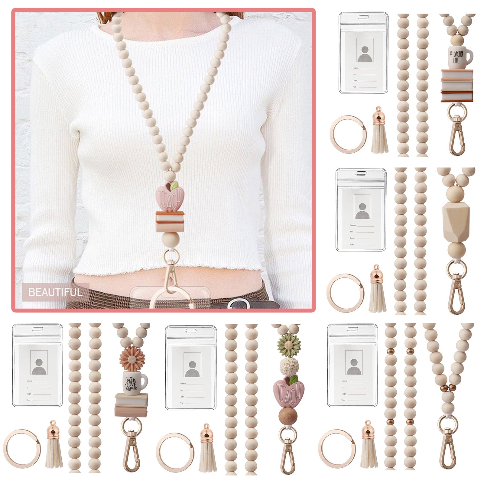 Dujiujun Lanyard Keychain with ID Holder Colorful Wood Beaded Lanyard ...