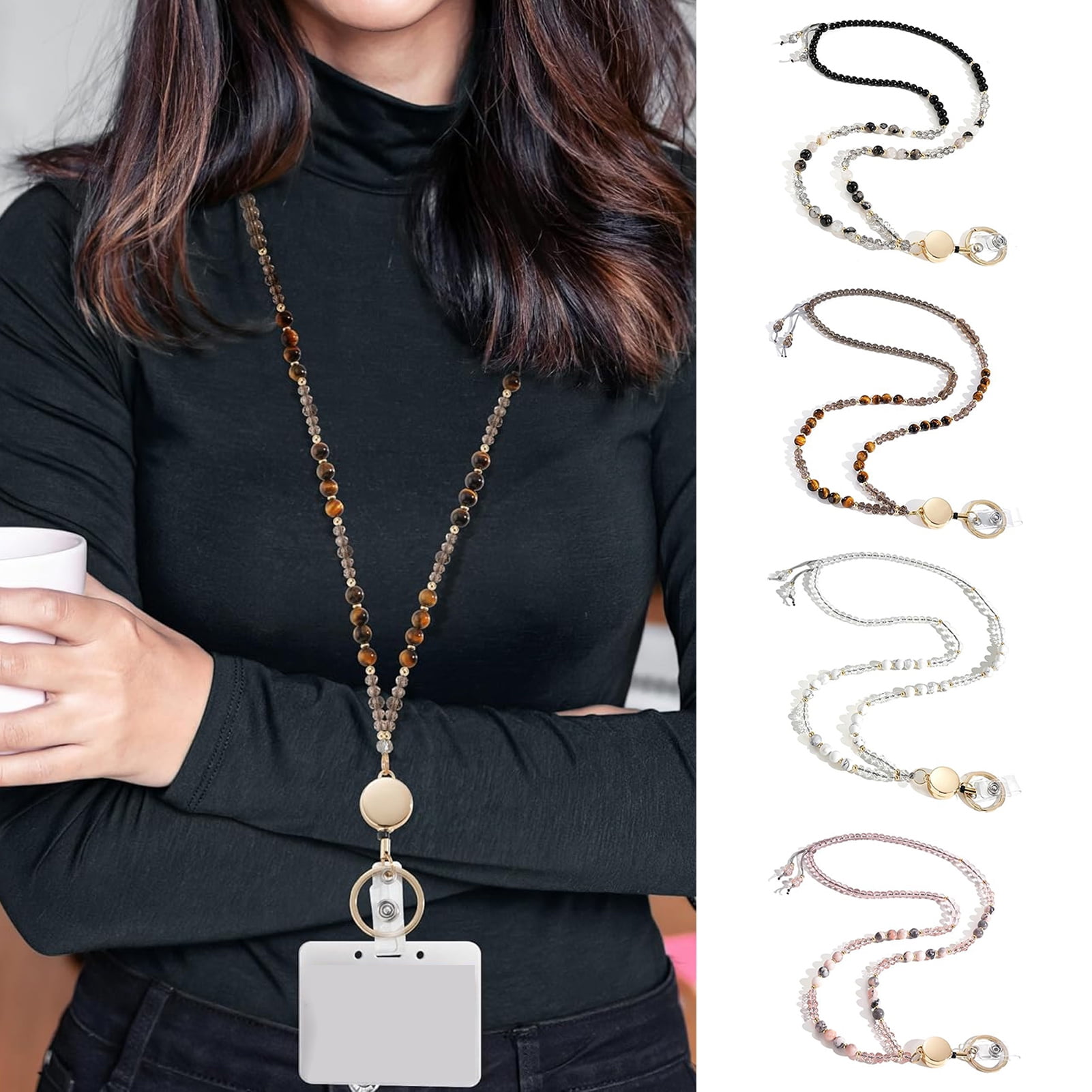 Dujiujun Natural Stone Faux Crystal Card Holder Adjustable ID Lanyard ...
