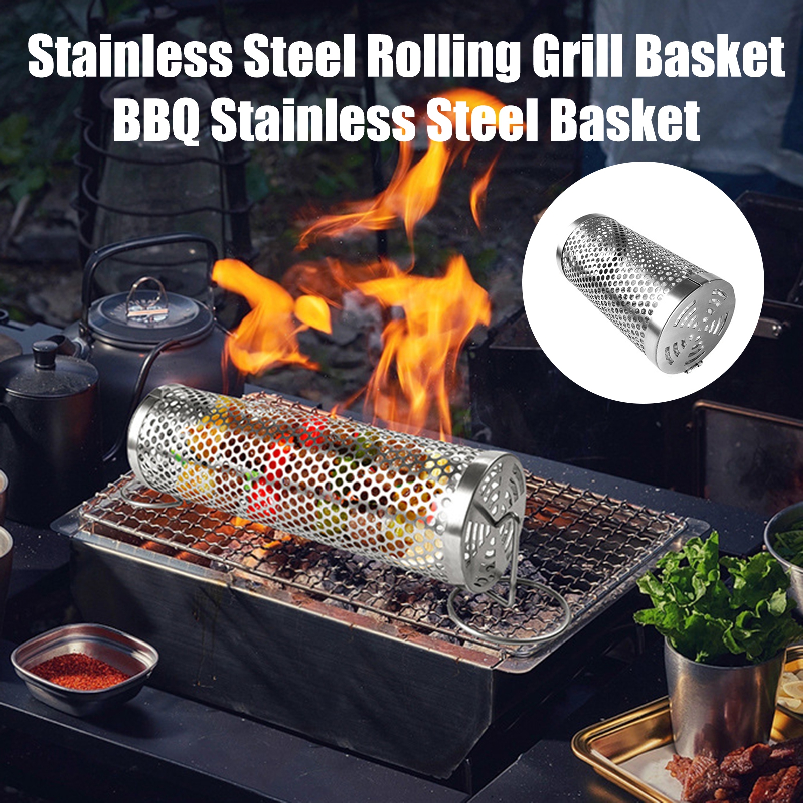 Dujiujun Rolling Grill Basket Stainless Steel BBQ Net Tube for ...