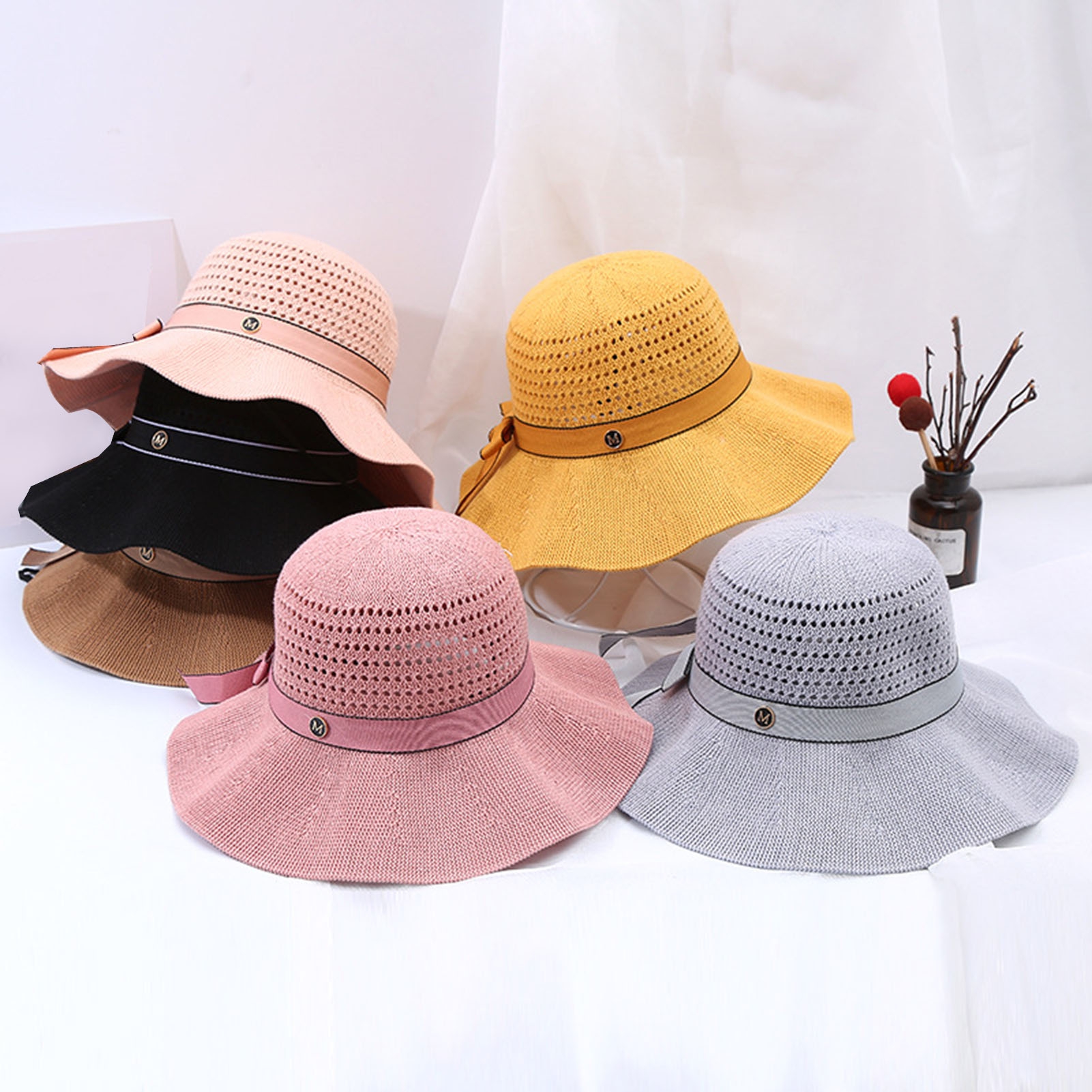 Dujiujun Sun Hat Folding Sun Protection Knitted Wide Brim Ribbon Bow ...