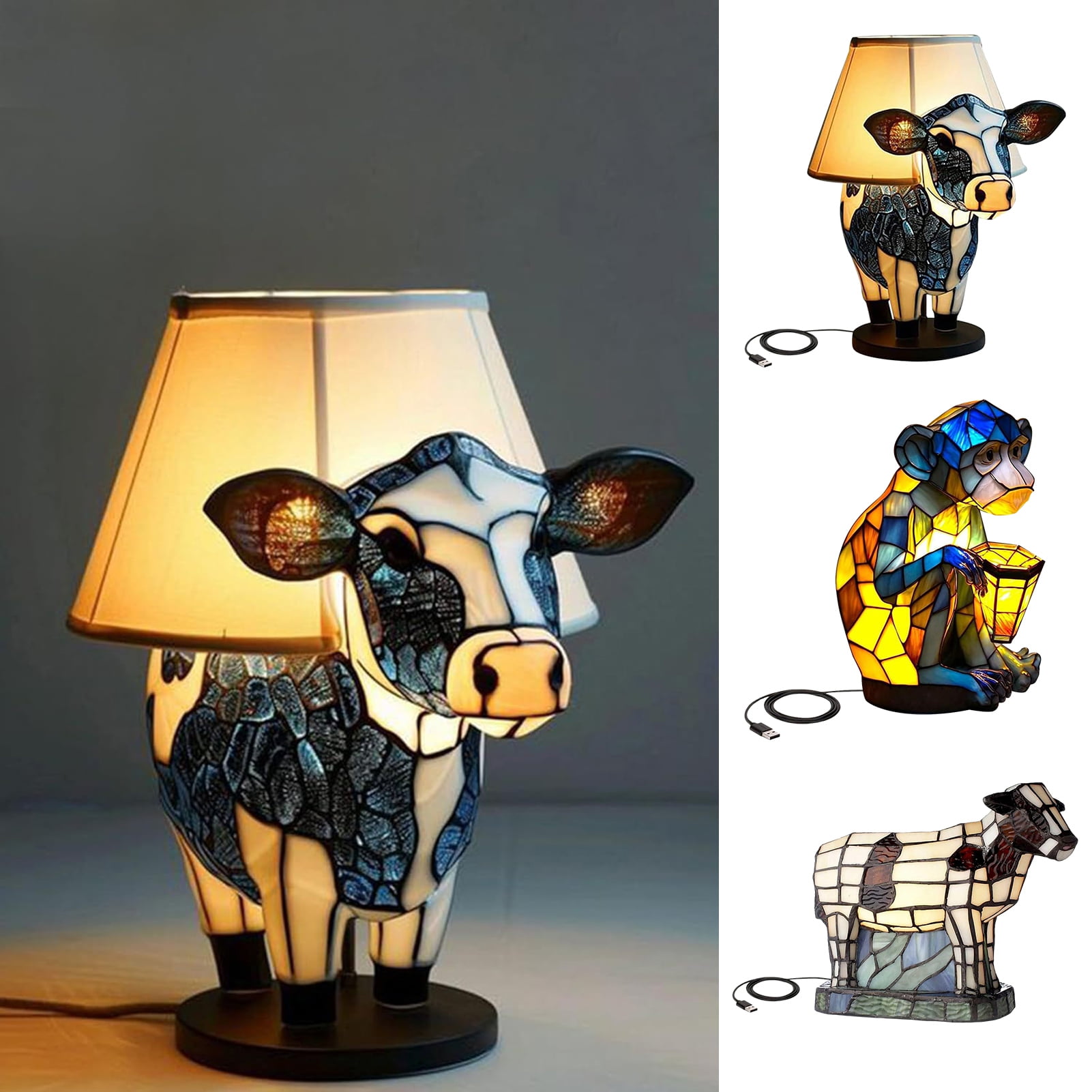 Dujiujun Vintage Cow Table Lamp USB Operated Living Room Bedroom ...