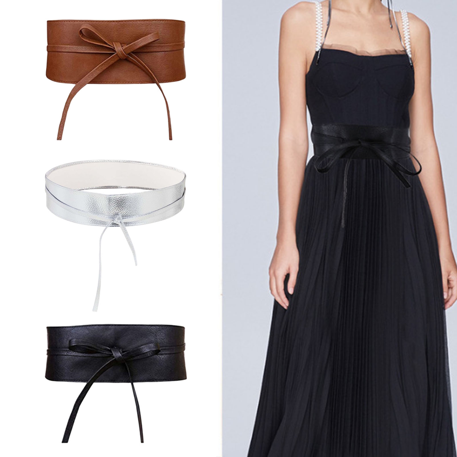 Dujiujun Women Wide Corset Ribbon Bow Tie Waist Belt Faux Leather ...