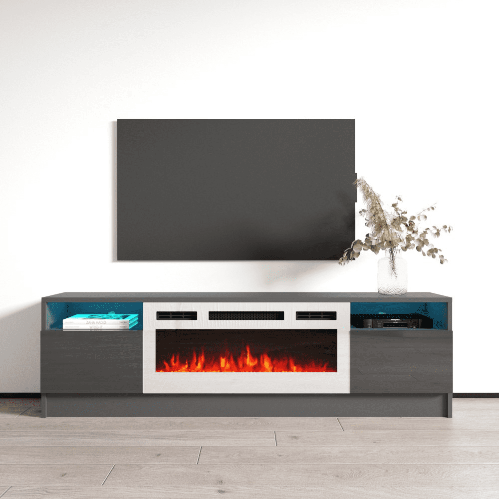 Duke 01 WH-EF Fireplace TV Stand for TVs up to 70", Modern High Gloss ...