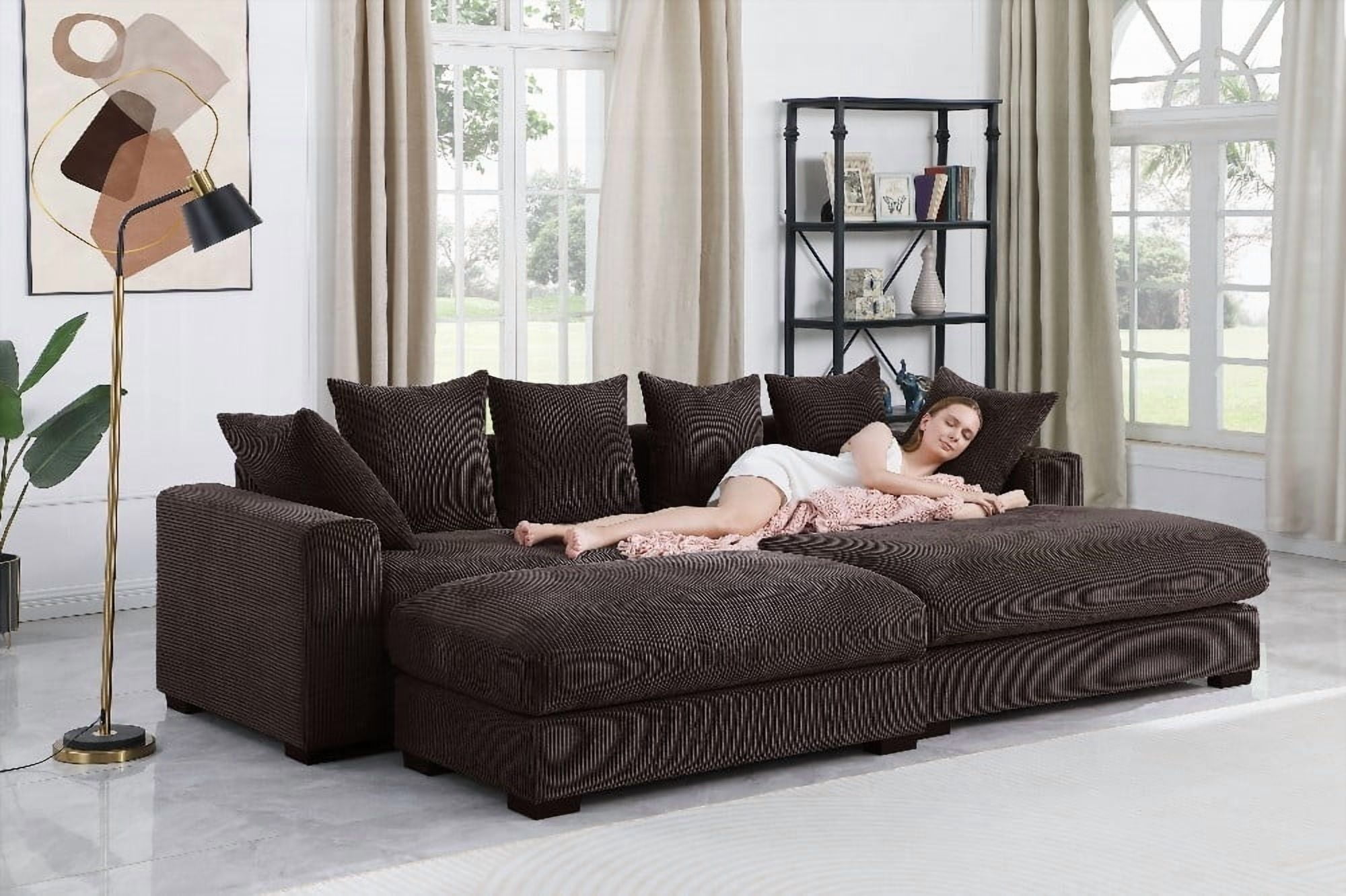 Duke 4-Piece Corduroy Upholstered Sectional with Black Legs & 6 Pillows ...