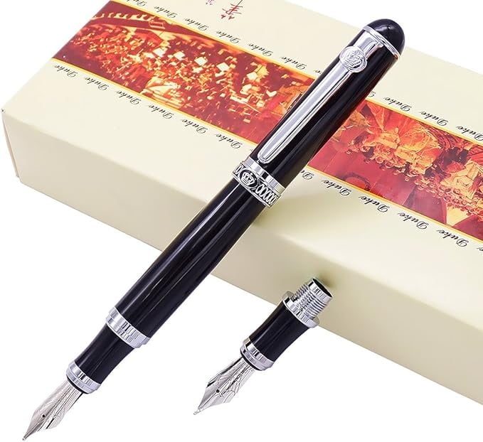 Duke Black Fountain Pen Double-Nibs Iridium Medium and Fude Calligraphy ...