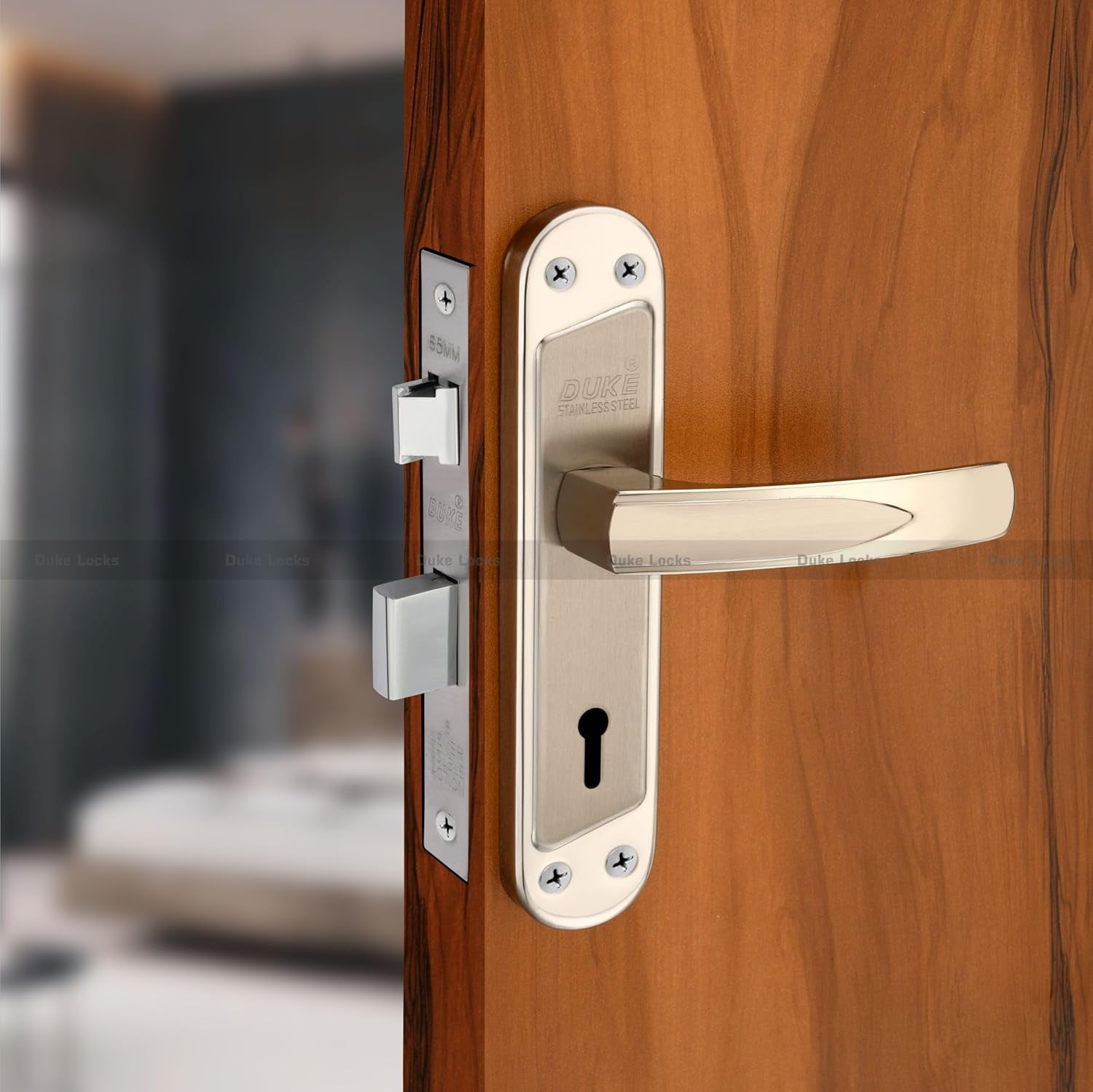 Duke Brass Mortise Lock Set 1001 SS 304 Grade with 2 Handles 3 CP Finish Keys Screws Spindle ...