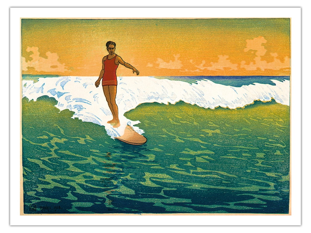 Duke Kahanamoku Surfing - Honolulu Hawaii - Vintage Colored Woodblock ...
