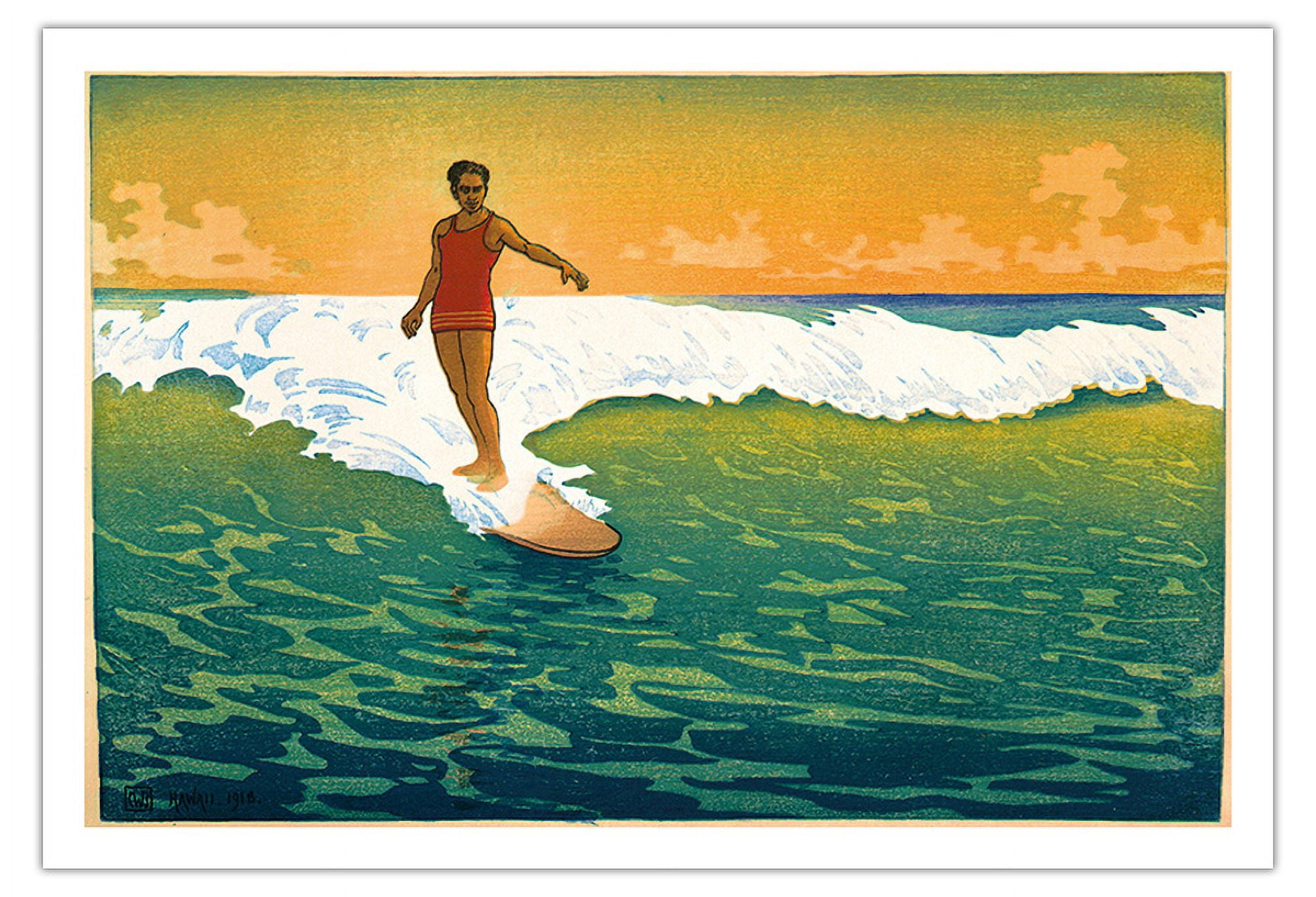Duke Kahanamoku Surfing - Honolulu Hawaii - Vintage Colored Woodblock ...