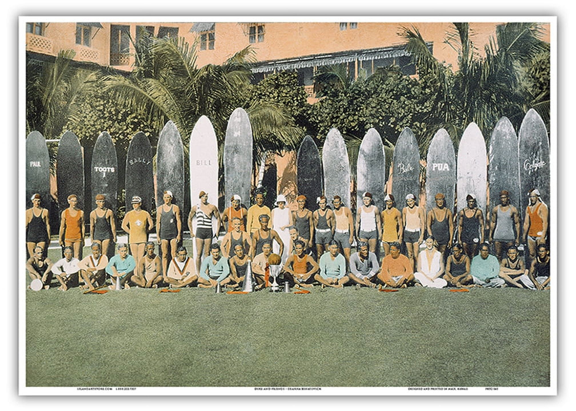 Duke Kahanamoku and Surfing Friends - From an Original Hand Colored ...