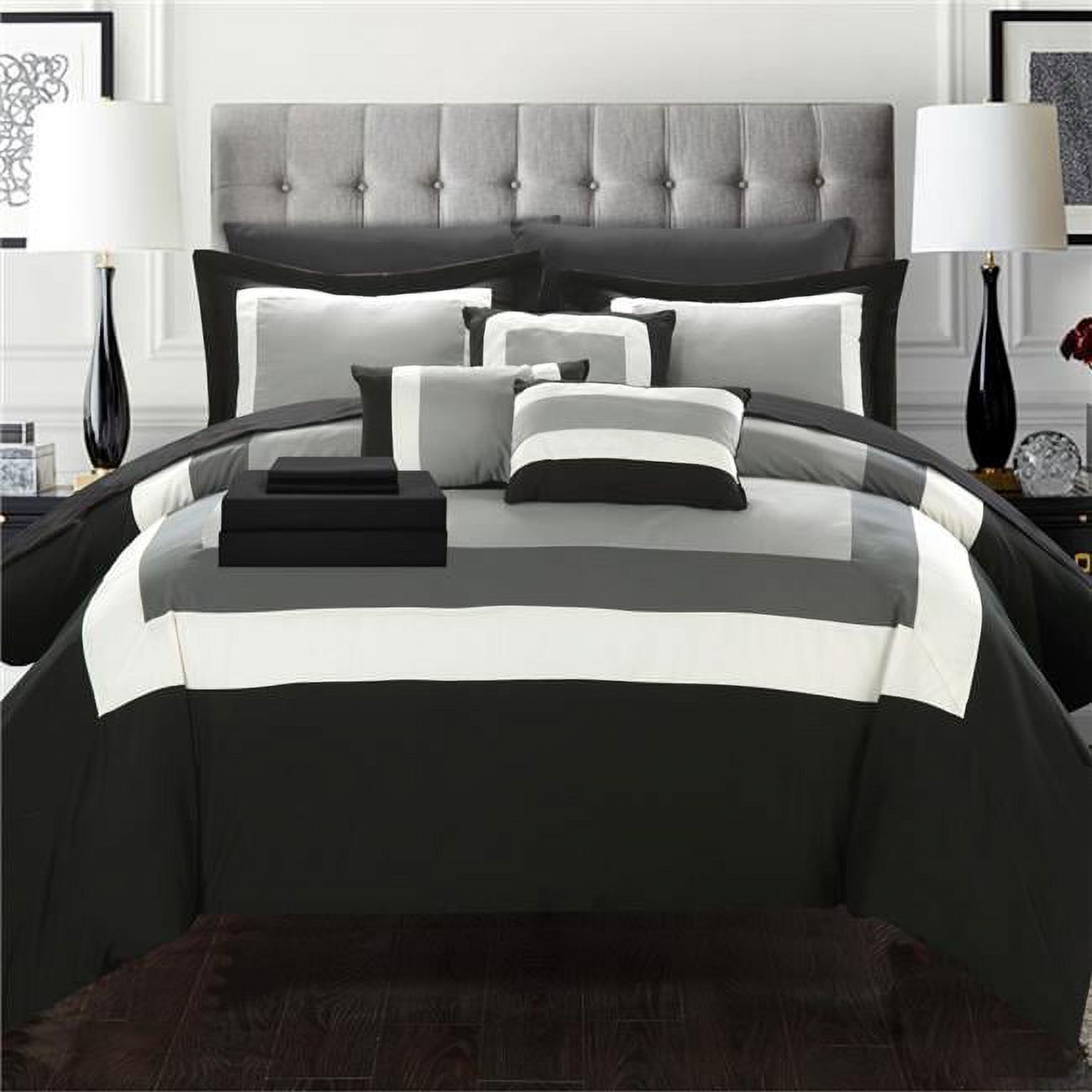Duke Pieced Color Block Bed in a Bag Comforter Set with Sheets - Black ...