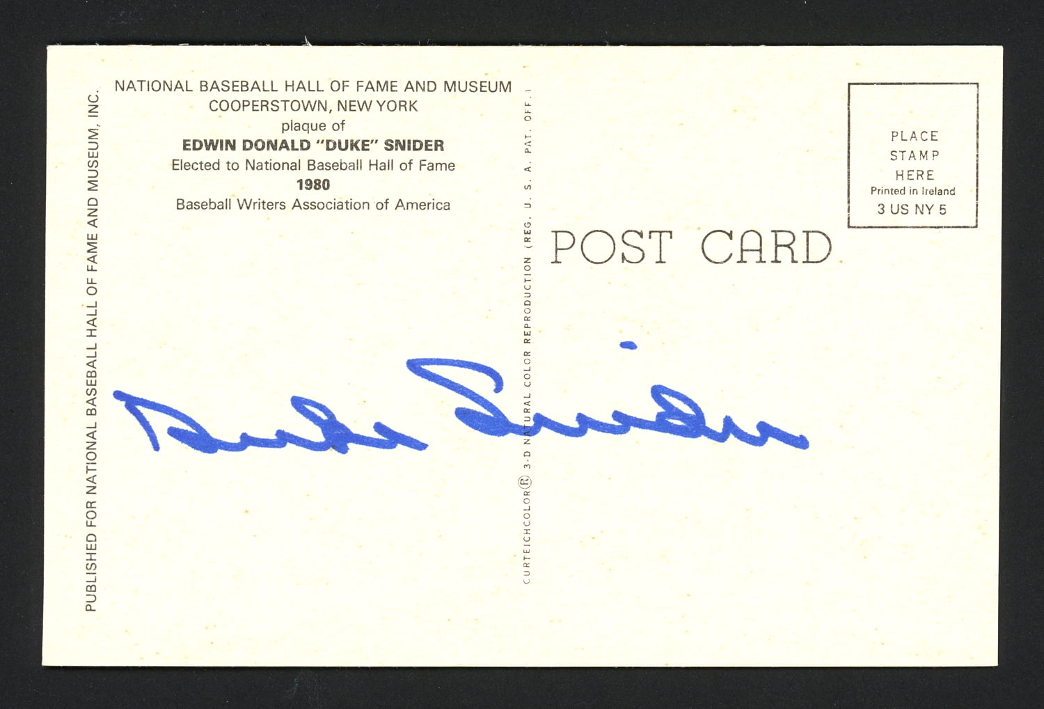 Duke Snider Autographed HOF Plaque Postcard Brooklyn Dodgers Signed on ...
