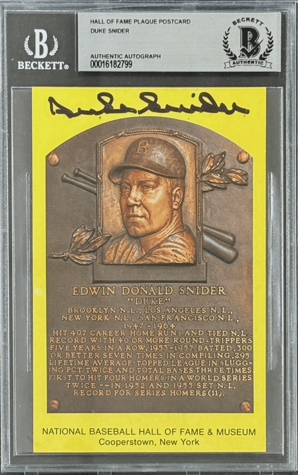 Duke Snider Signed Autographed Hall of Fame Plaque Postcard Beckett ...