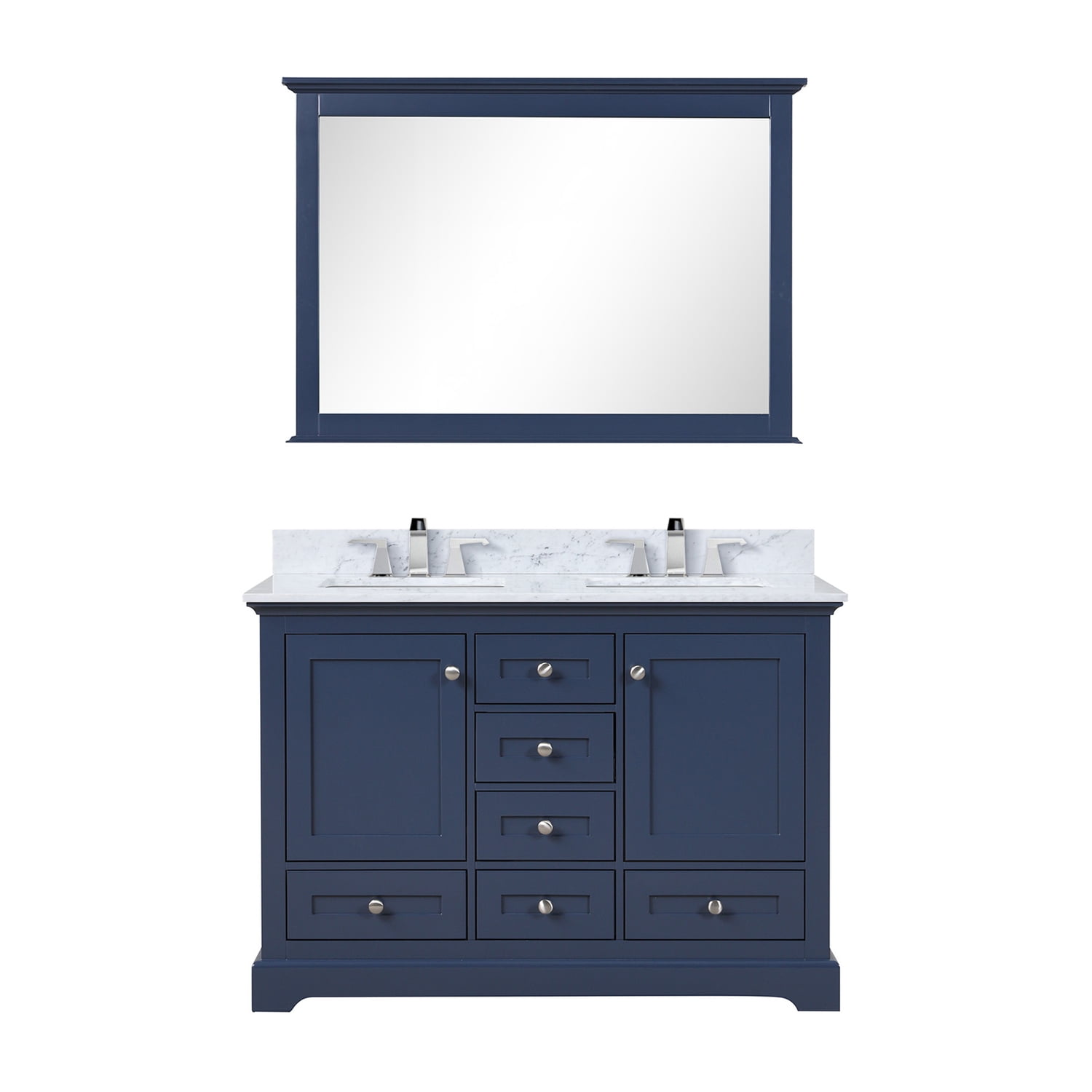 Dukes 48 in W Navy Blue Double Vanity, Carrara Marble Top, Faucet Set ...