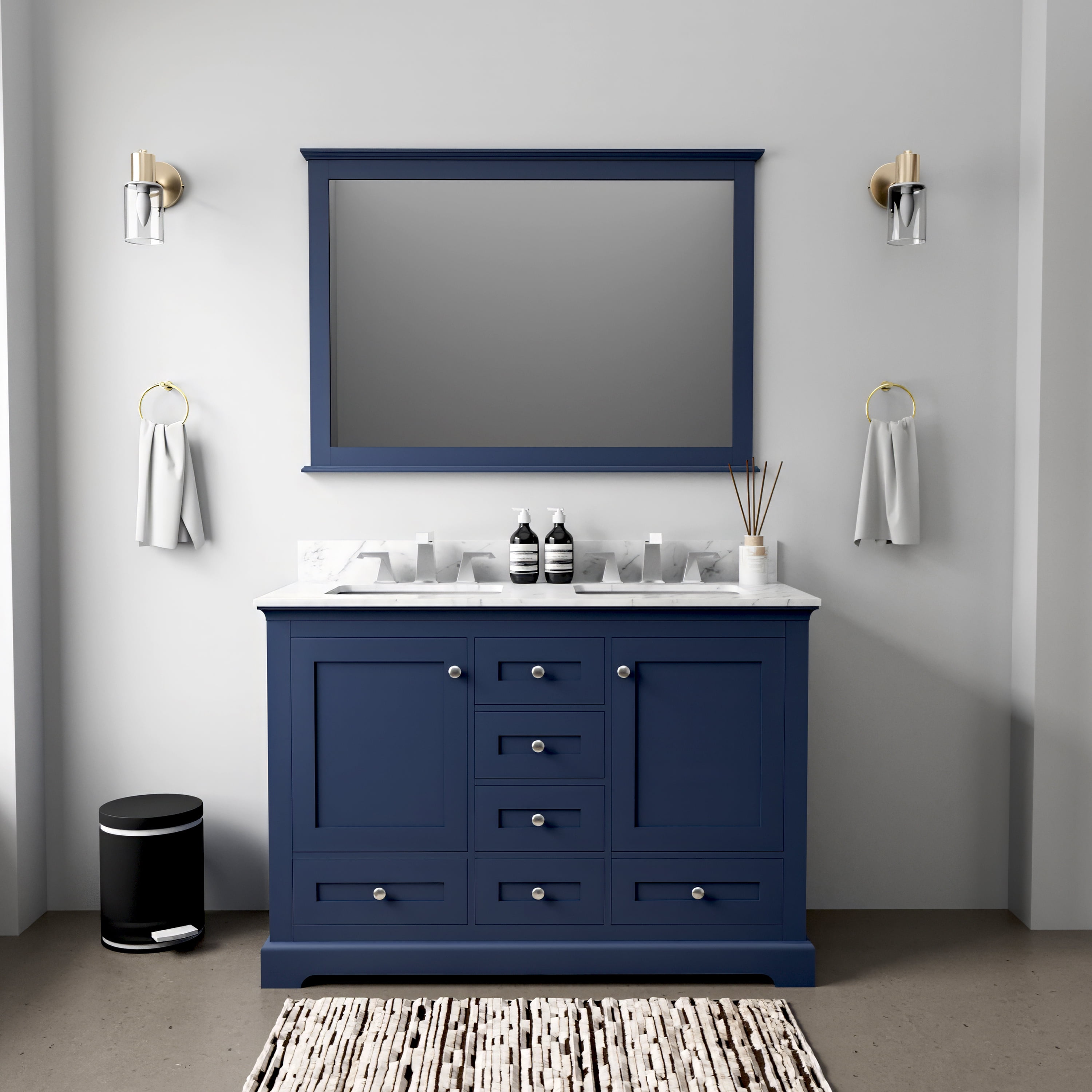Dukes 48 in. W x 22 in. D Navy Blue Double Bath Vanity, Carrara Marble ...