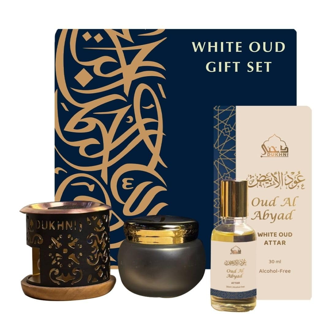 Dukhni White Oud Gift Box | 40g Ma’amoul Al Abyad Bakhoor, 30ml Oud Al ...