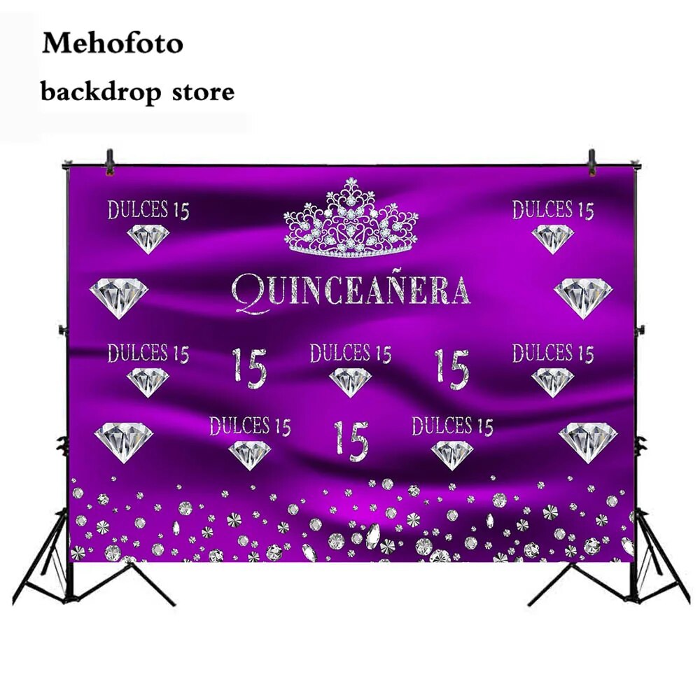 Dulces 15 Birthday Party Backdrop for PhotographyPurple Design Crown Photo Booth Background ...