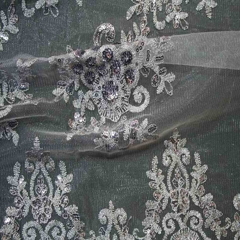 Dull Silver Bristol Glitter Sequin Embroidered Mesh Fabric. Lace ...