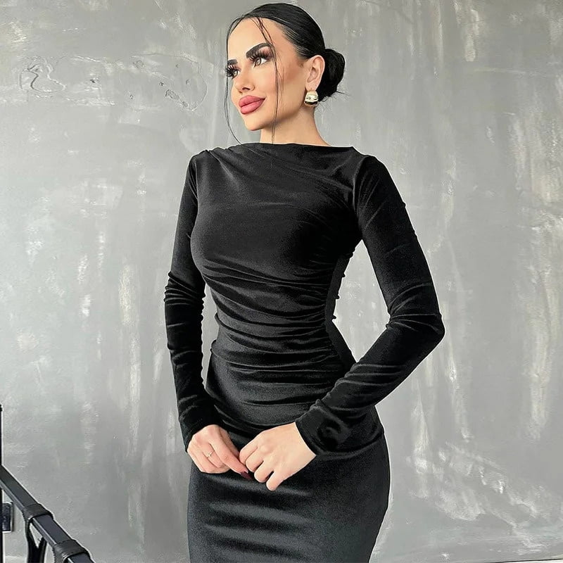 Dulzura 2024 Spring Summer Velvet Long Sleeve Midi Dress For Women Ruched Long Dress Elegant ...