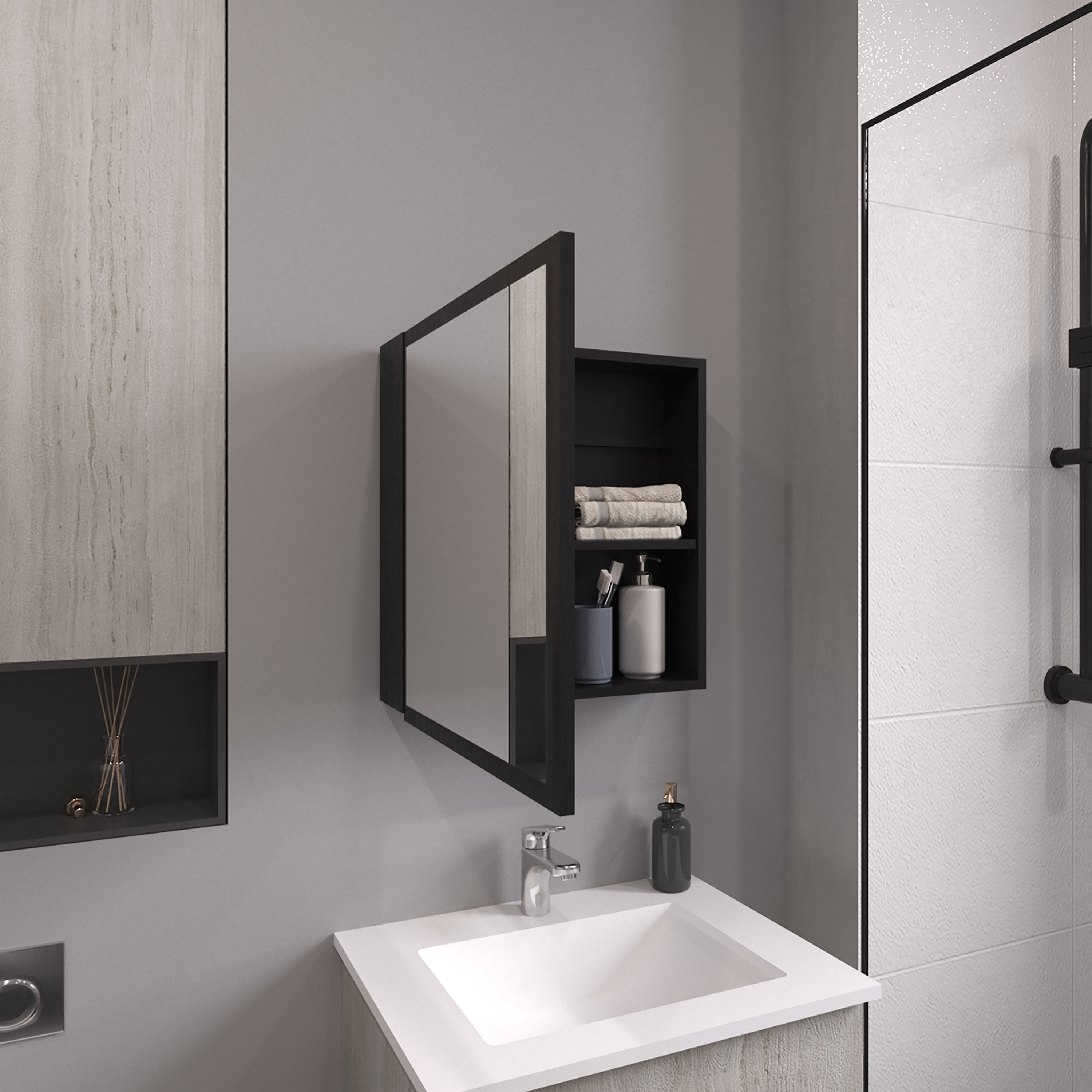 Duma Black Mirror Medicine Cabinet - 21" Bathroom Storage w/Shelves ...